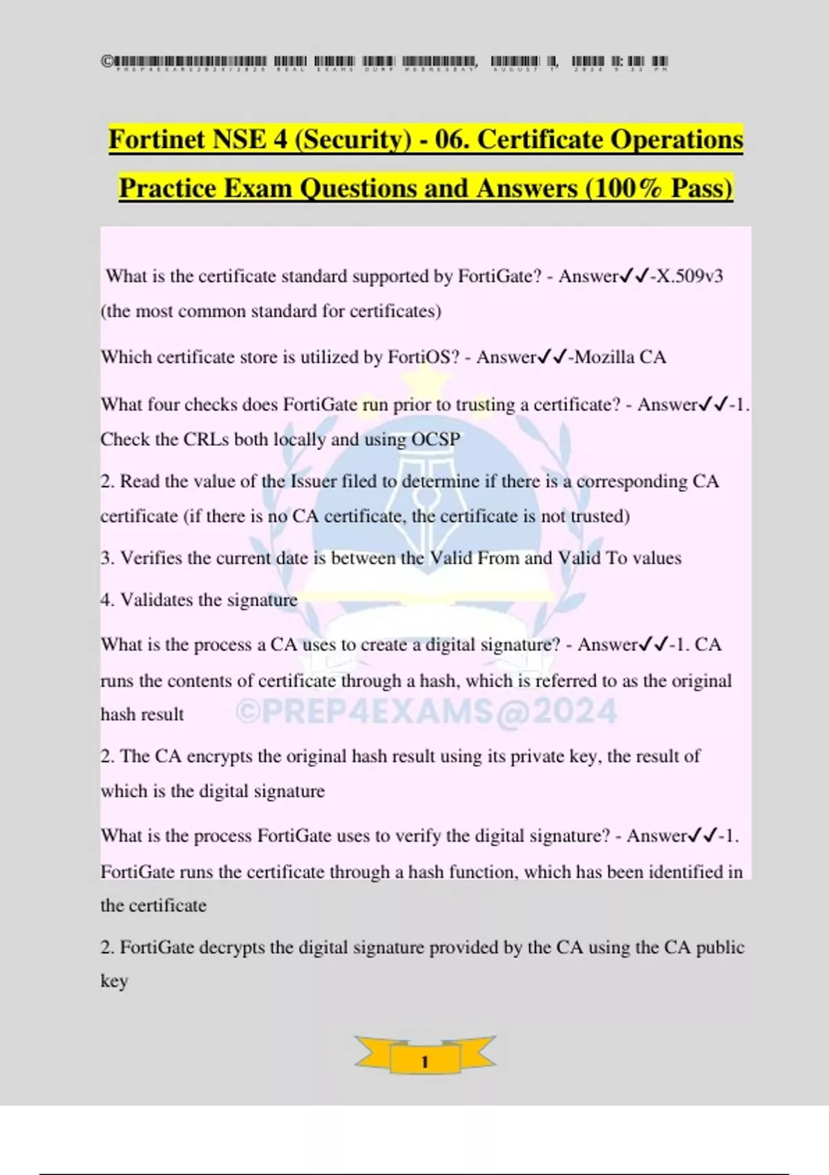 Fortinet NSE 4 (Security) - 06. Certificate Operations Practice Exam ...