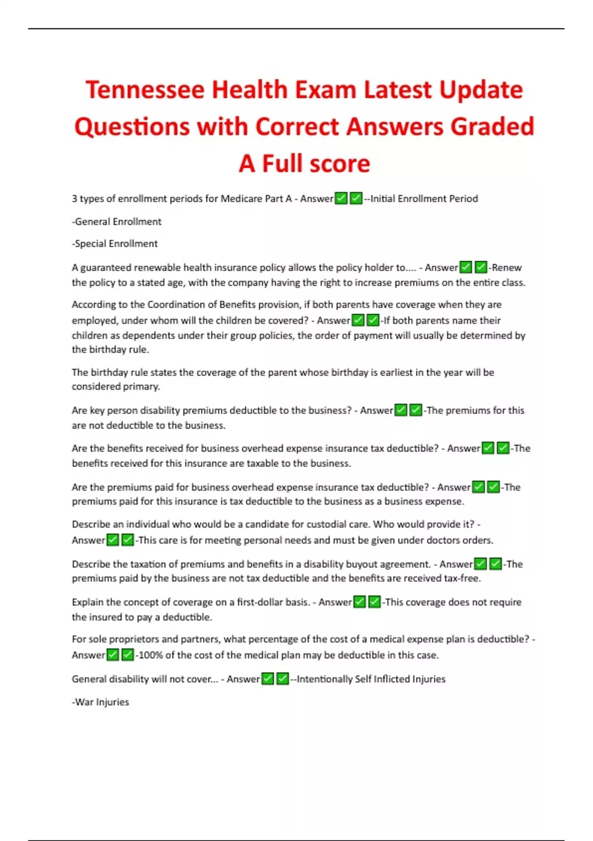 Tennessee Health Exam Latest Update Questions with Correct Answers ...