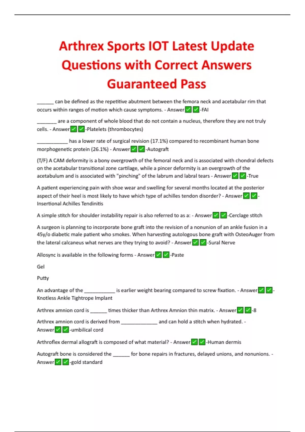 Arthrex Sports IOT Latest Update Questions with Correct Answers ...