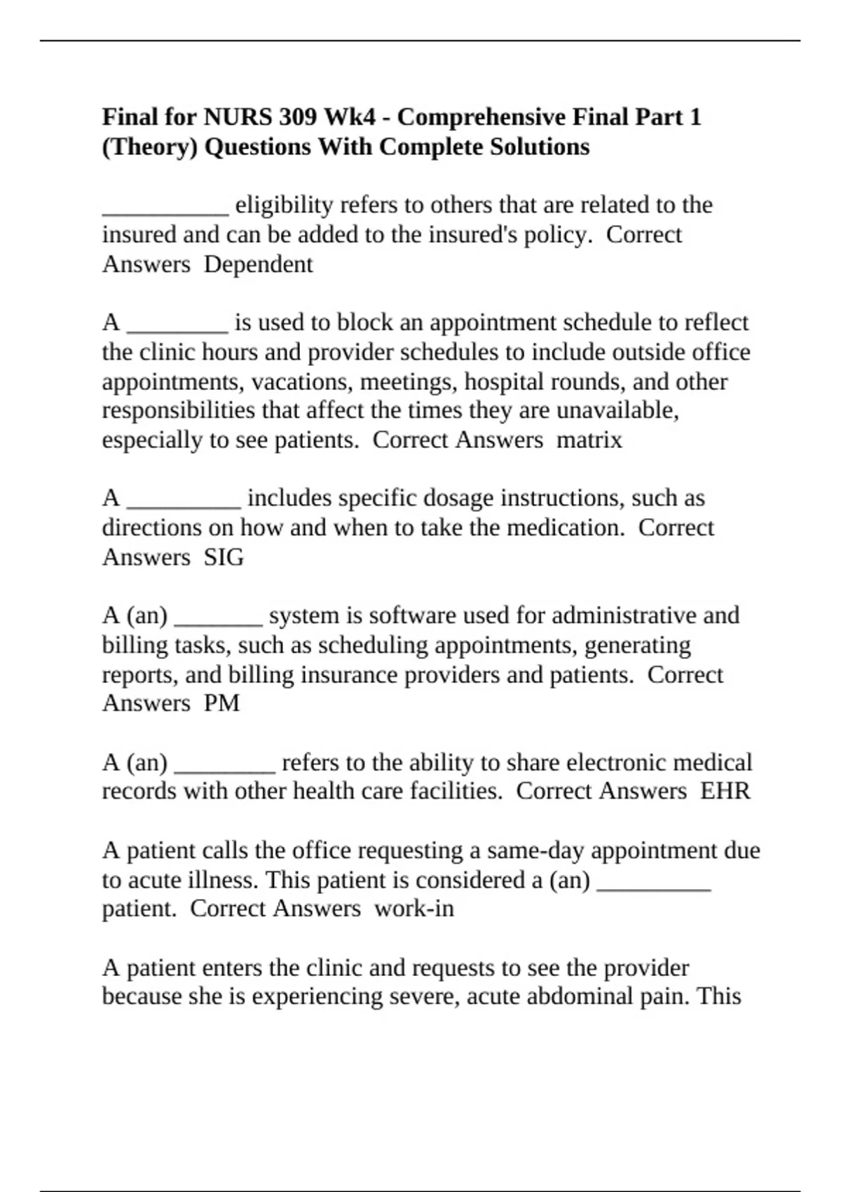 Final for NURS 309 Wk4 - Comprehensive Final Part 1 (Theory) Questions With Complete Solutions ...