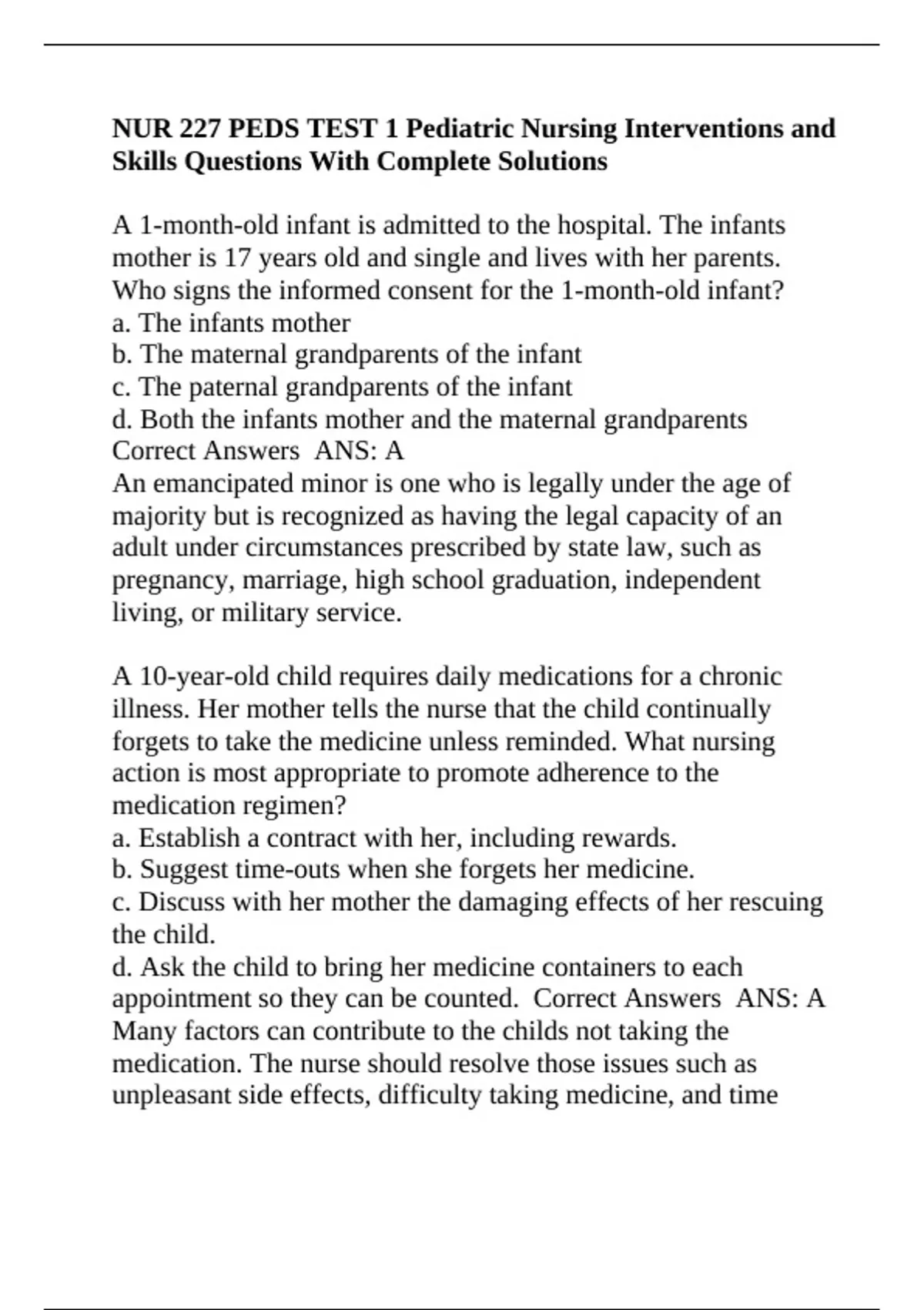 NUR 227 PEDS TEST 1 Pediatric Nursing Interventions and Skills ...