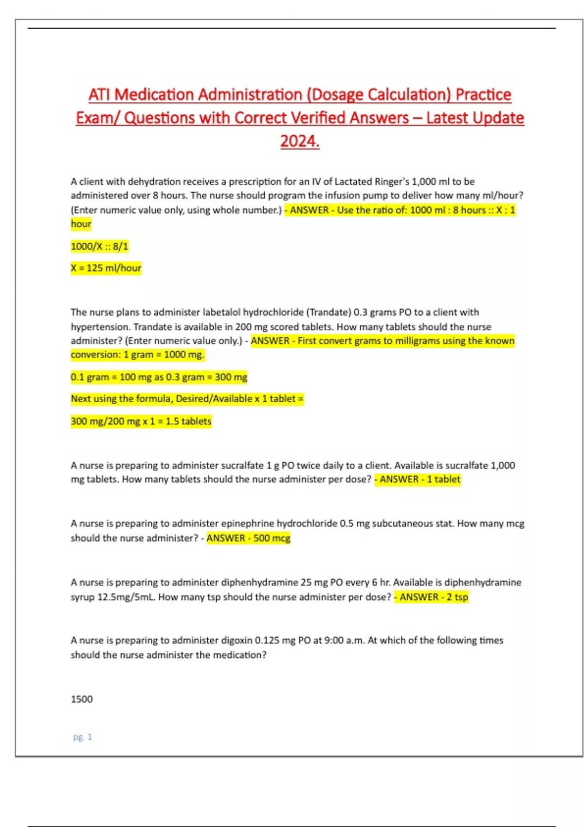 Ati Medication Administration Dosage Calculation Practice Exam Questions With Correct