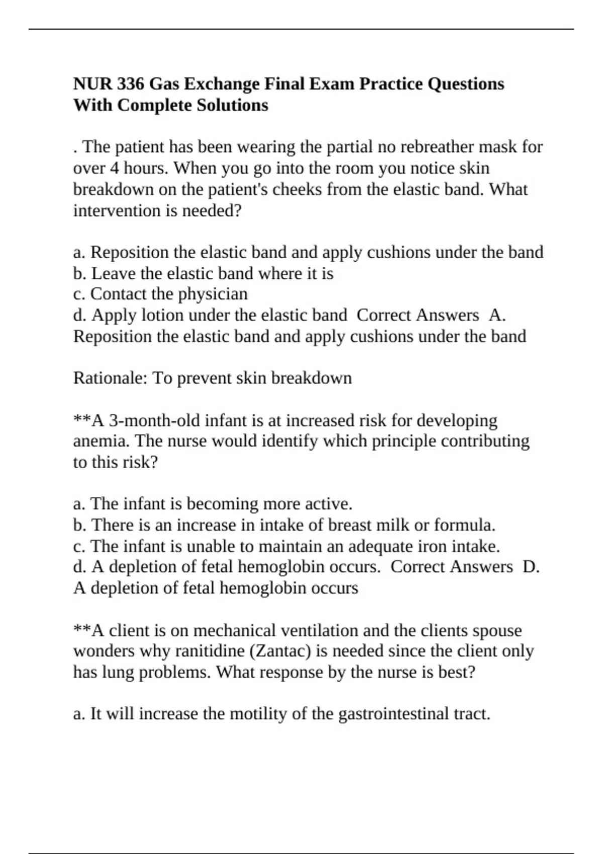 NUR 336 Gas Exchange Final Exam Practice Questions With Complete ...