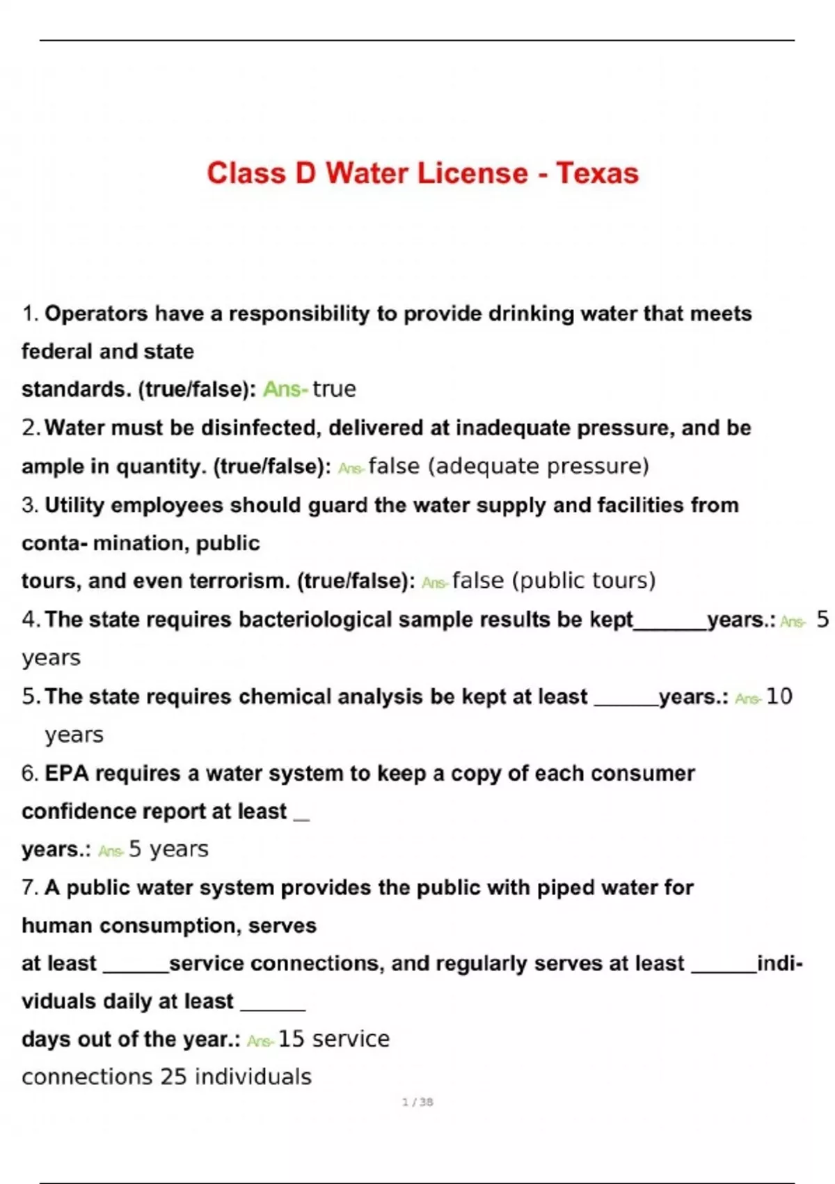 Class D Water License – Texas Questions with 100% Correct Answers ...