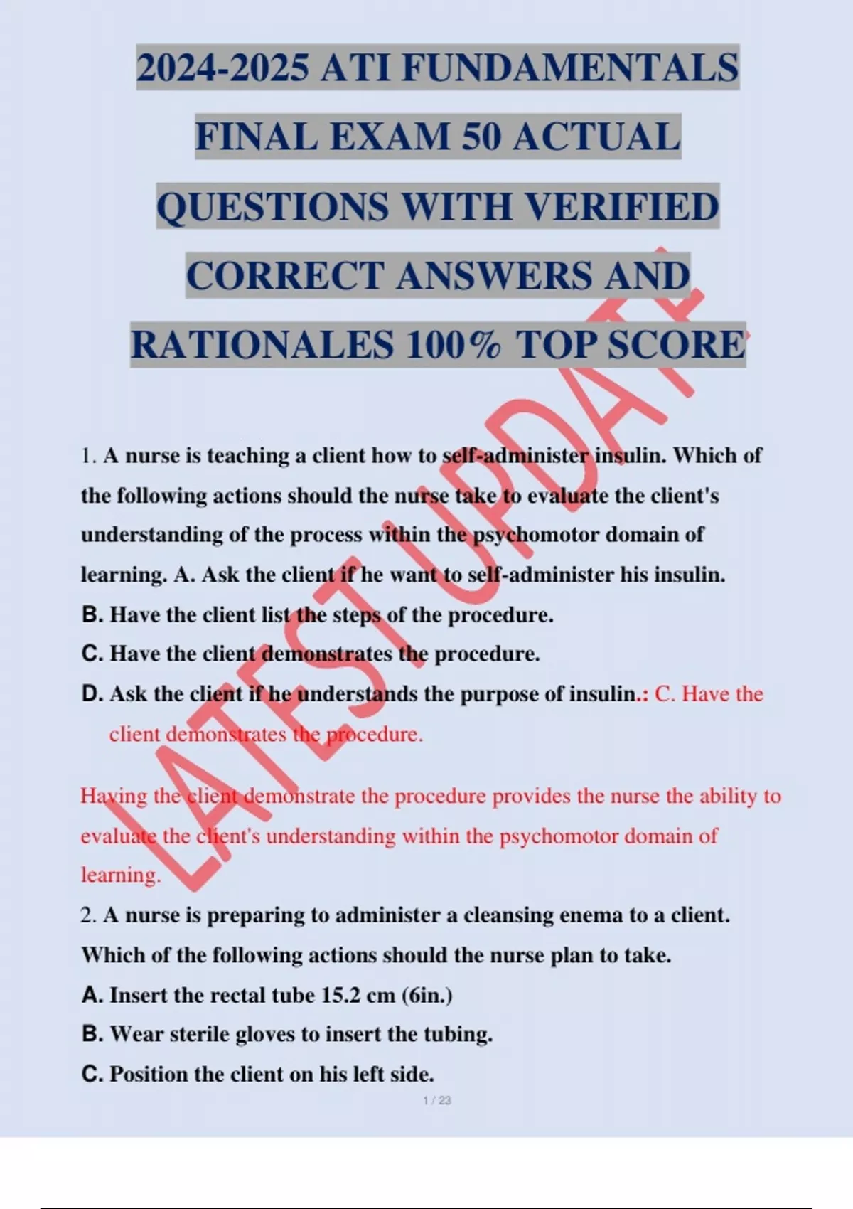 ATI FUNDAMENTALS FINAL EXAM BUNDLE LATEST UPDATED ACTUAL QUESTIONS WITH ...