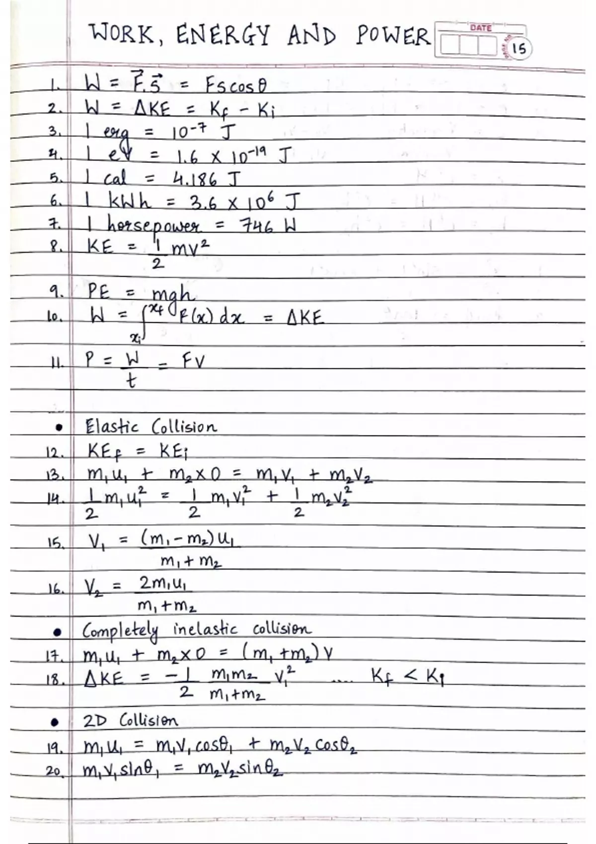Class 11, NCERT Work, Energy and Power Formula Notes - NEET - Stuvia US