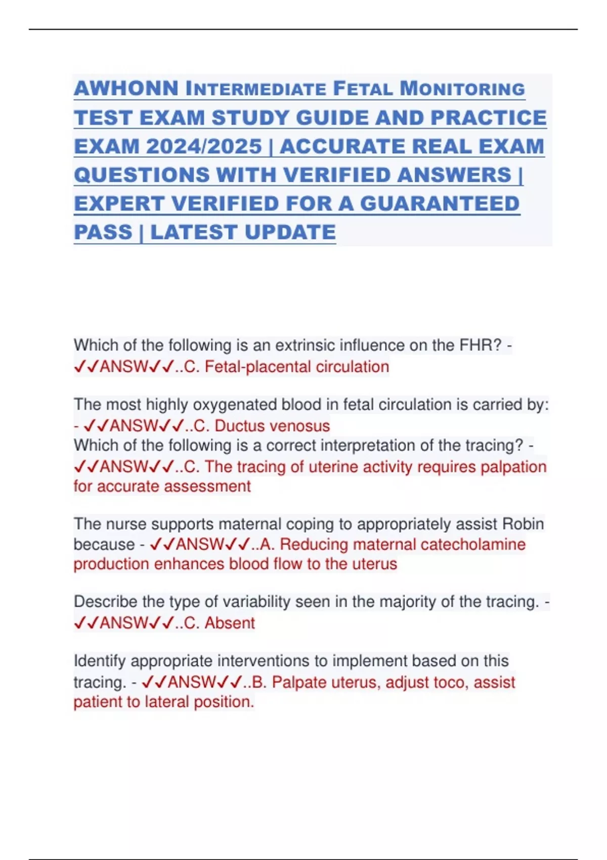 AWHONN INTERMEDIATE FETAL MONITORING TEST EXAM STUDY GUIDE AND PRACTICE ...