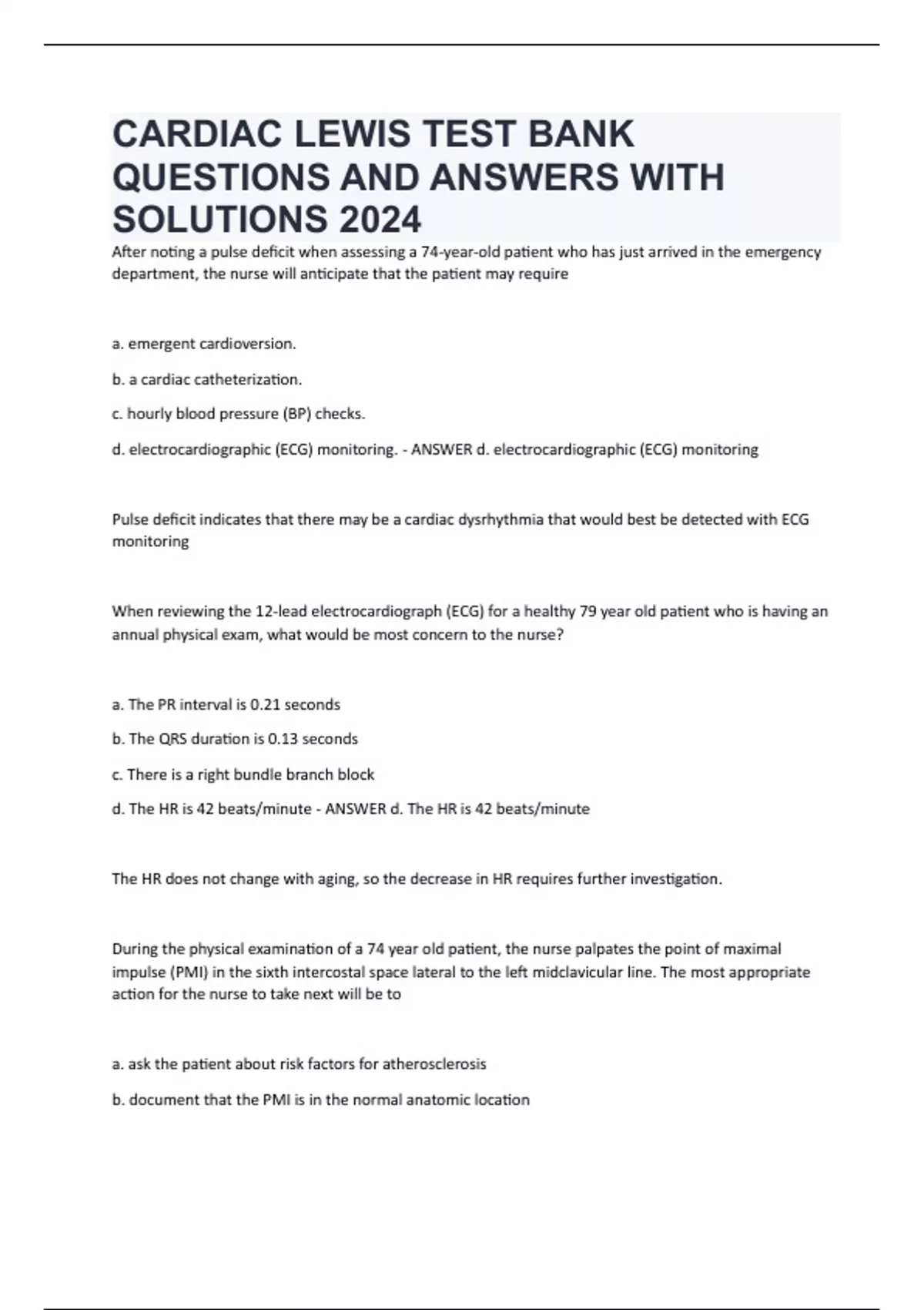 CARDIAC LEWIS TEST BANK QUESTIONS AND ANSWERS WITH SOLUTIONS 2024 ...