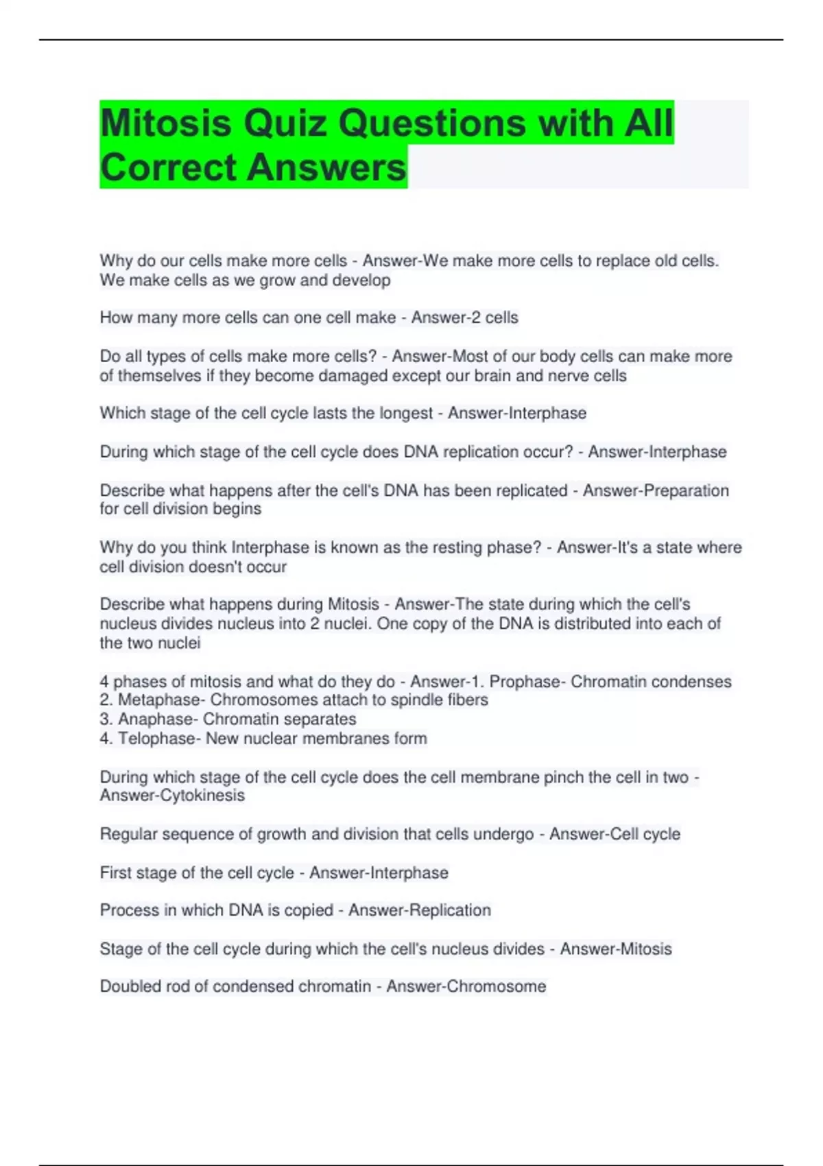 Mitosis Quiz Questions with All Correct Answers - Mitosis - Stuvia US