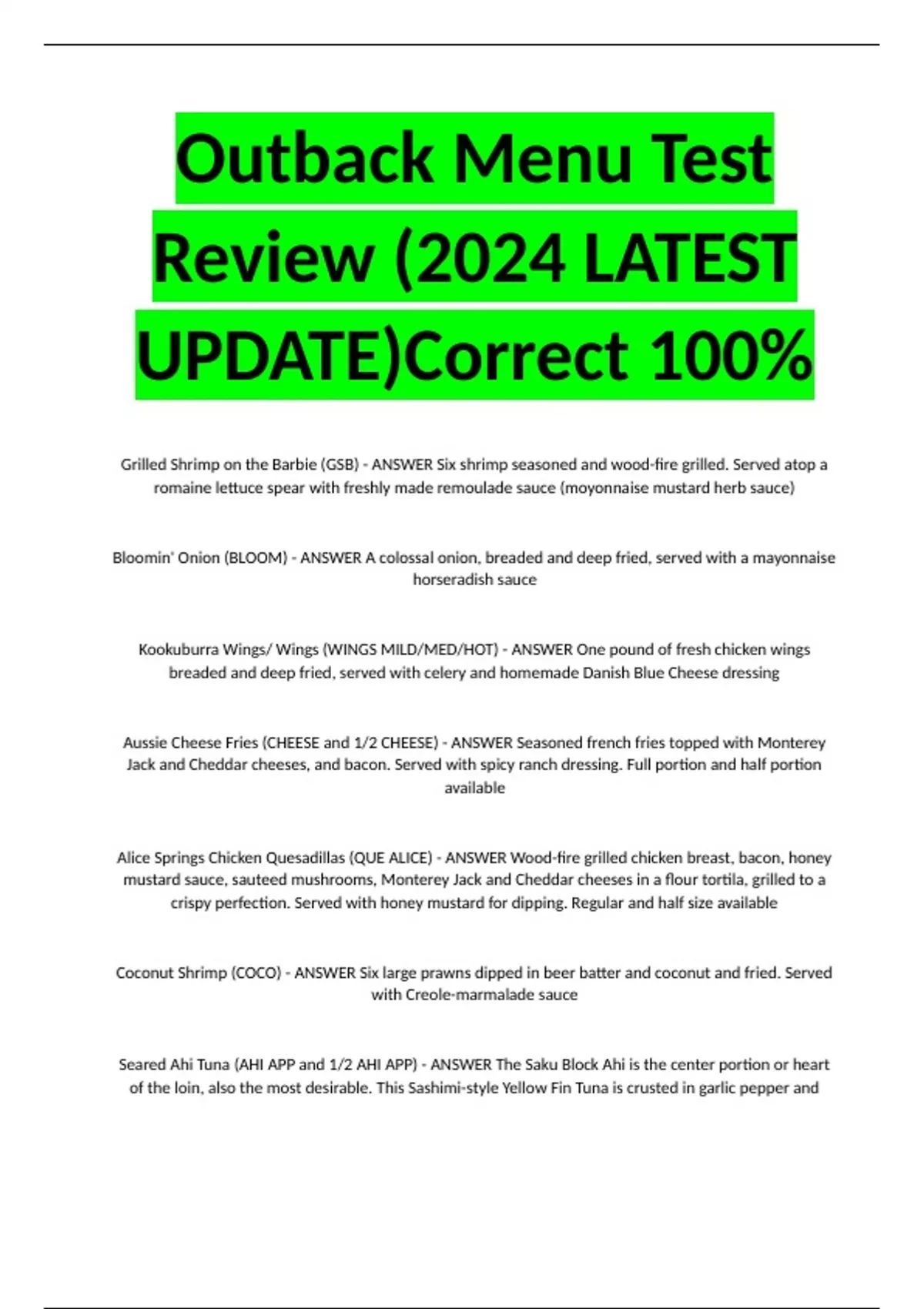 Outback Menu Test Review (2024 LATEST UPDATE)Correct 100% - Outback ...