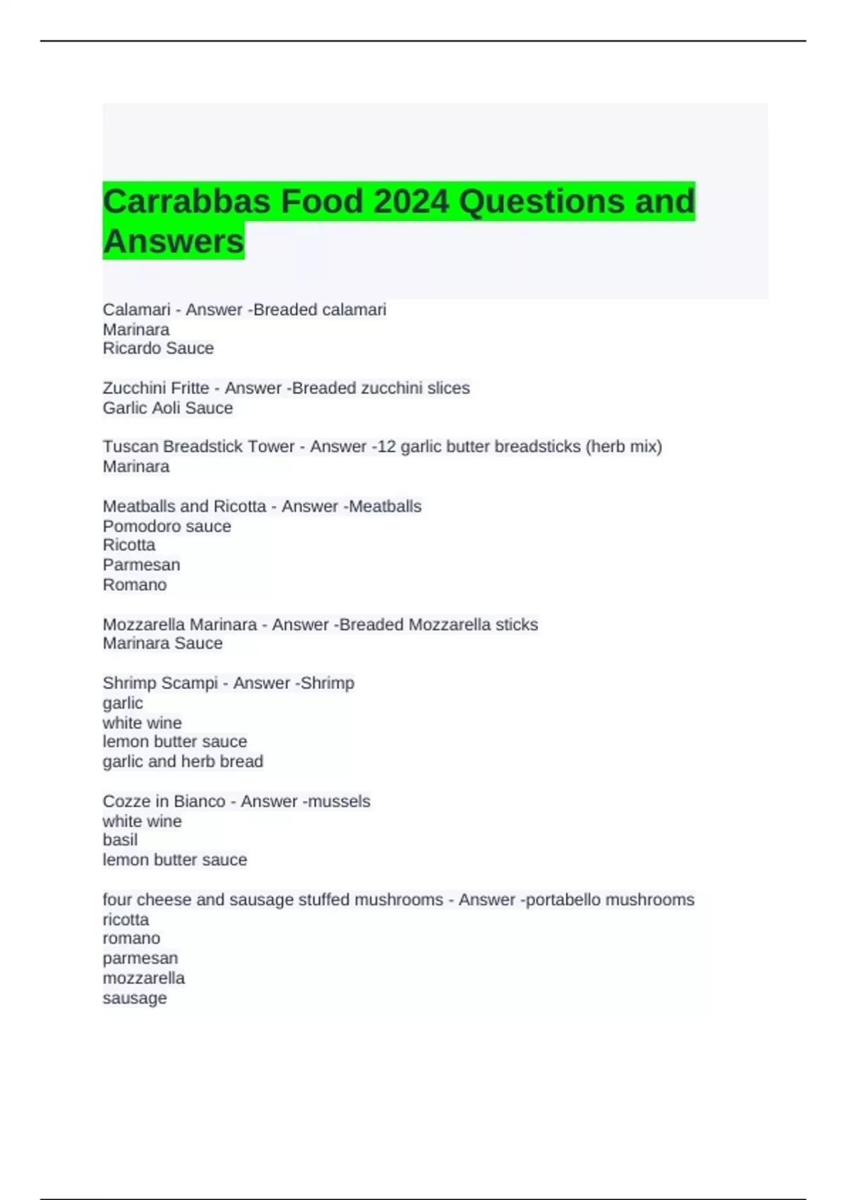 Carrabbas Food 2024 Questions and Answers - Carrabbas Menu - Stuvia US