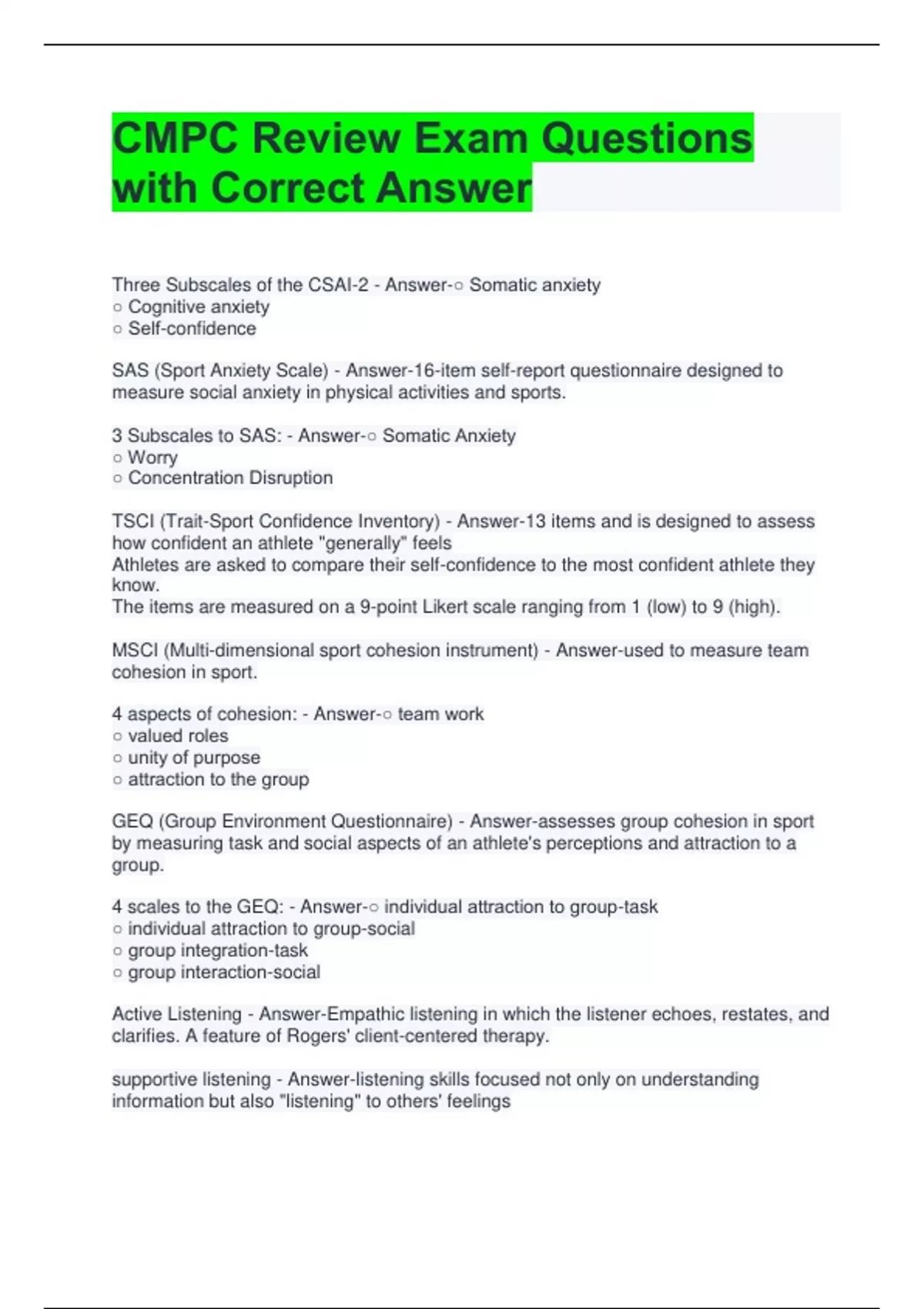 CMPC Review Exam Questions with Correct Answer - CMPC - Stuvia US