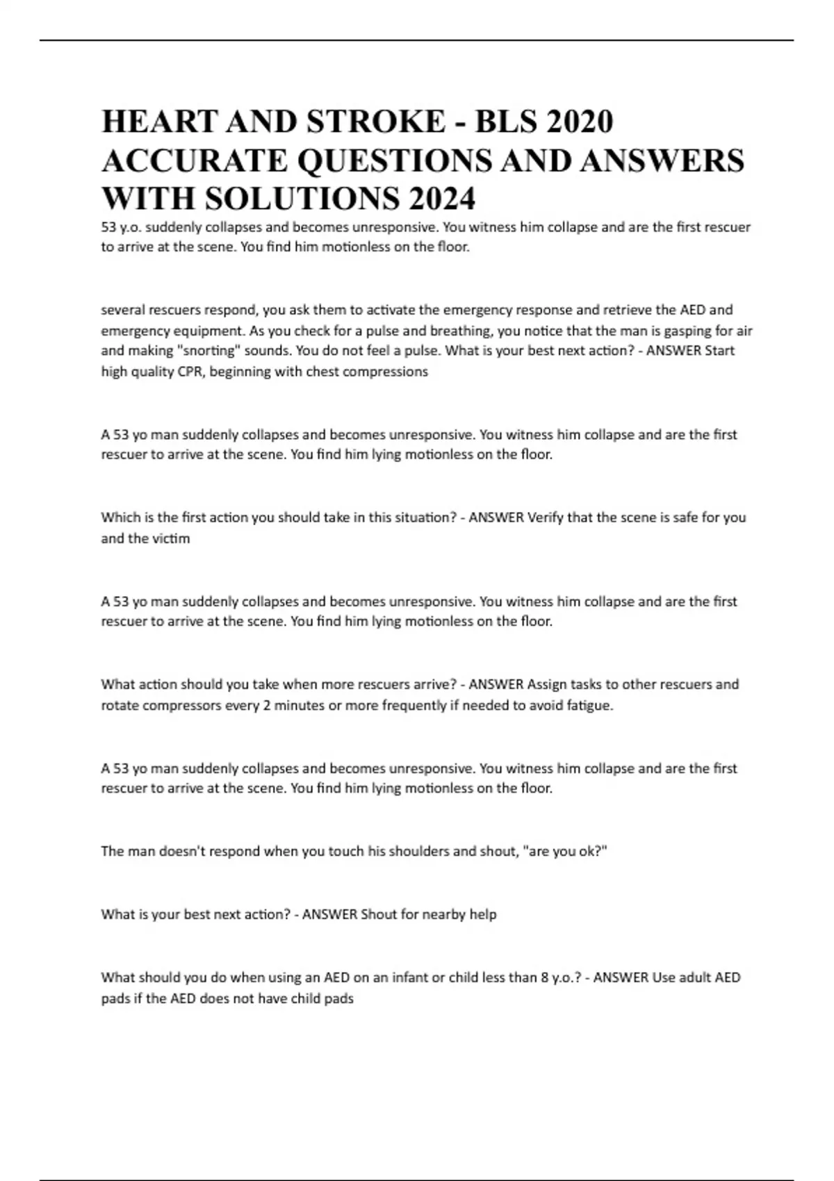 HEART AND STROKE - BLS 2020 ACCURATE QUESTIONS AND ANSWERS WITH SOLUTIONS 2024 - Bls - Stuvia US