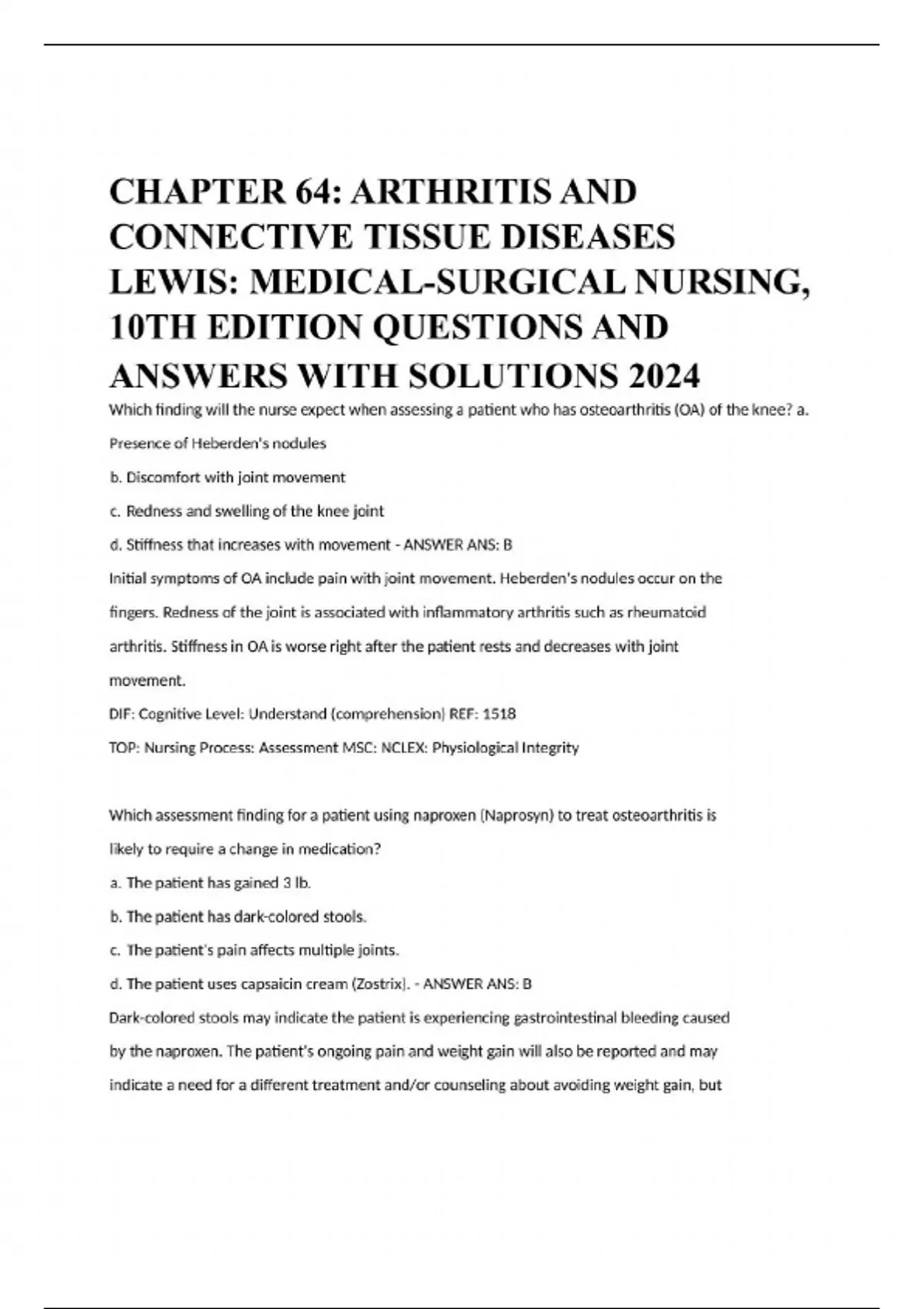 CHAPTER 64: ARTHRITIS AND CONNECTIVE TISSUE DISEASES LEWIS: MEDICAL ...