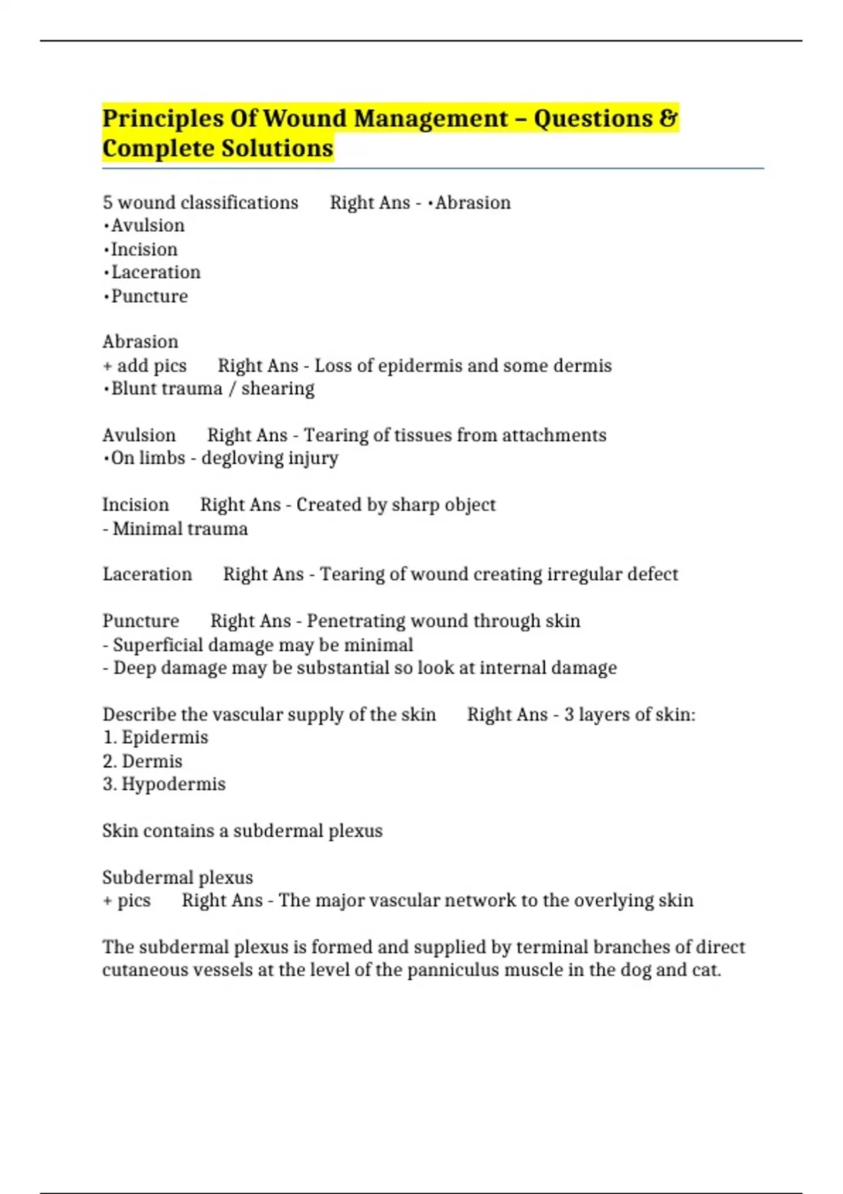 Principles Of Wound Management – Questions & Complete Solutions - WOUND ...