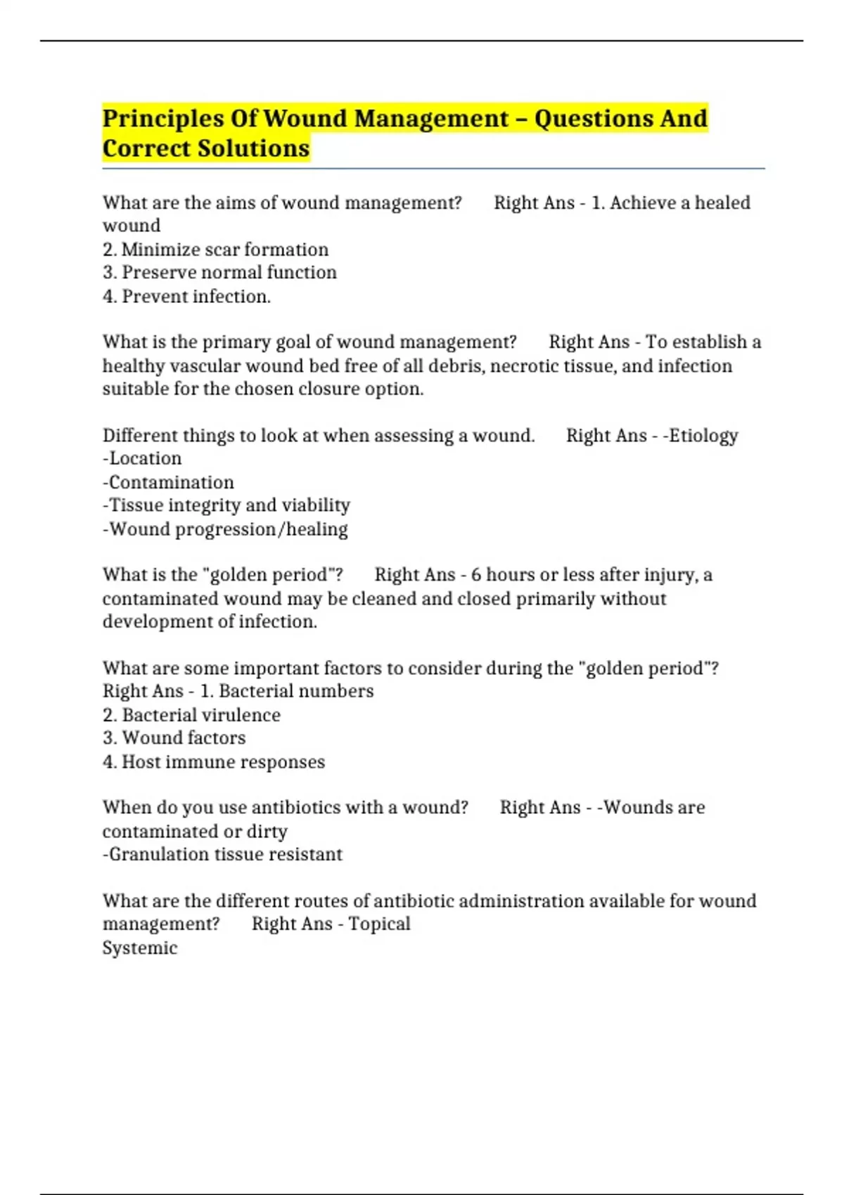 Principles Of Wound Management – Questions And Correct Solutions ...
