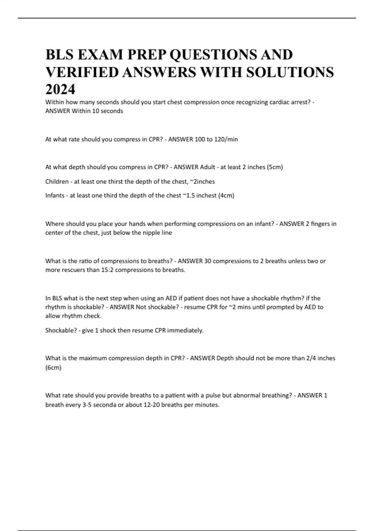 BLS EXAM PREP QUESTIONS AND VERIFIED ANSWERS WITH SOLUTIONS 2024 - Bls ...