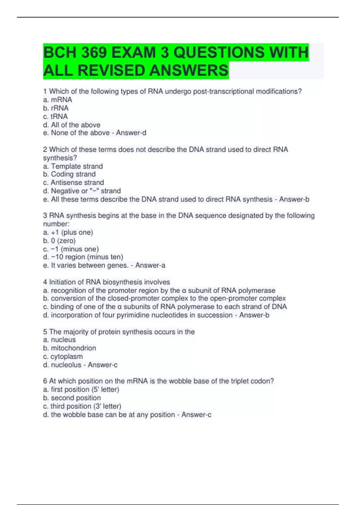 BCH 369 EXAM 3 QUESTIONS WITH ALL REVISED ANSWERS - BCH 369 - Stuvia US