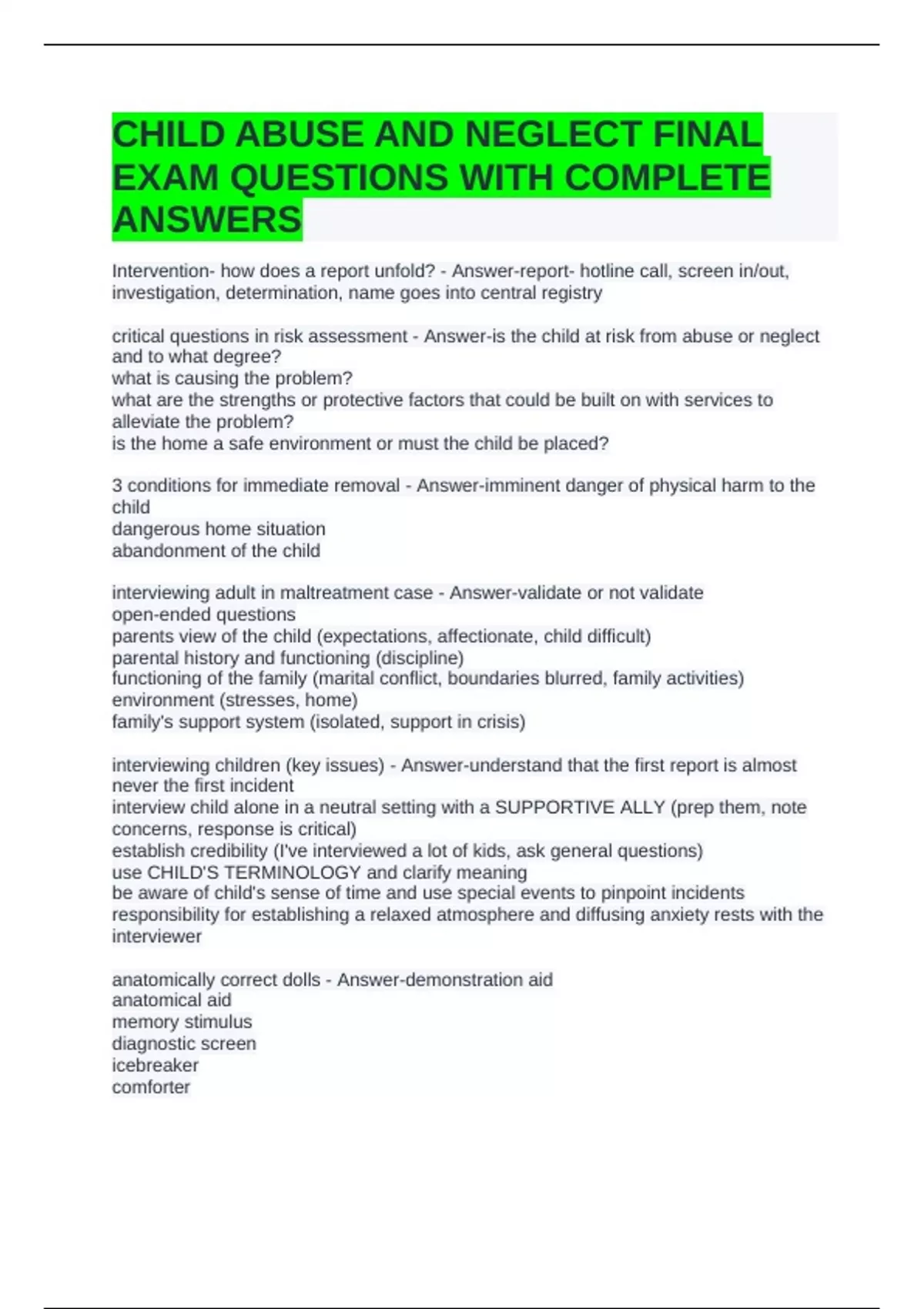 CHILD ABUSE AND NEGLECT FINAL EXAM QUESTIONS WITH COMPLETE ANSWERS ...
