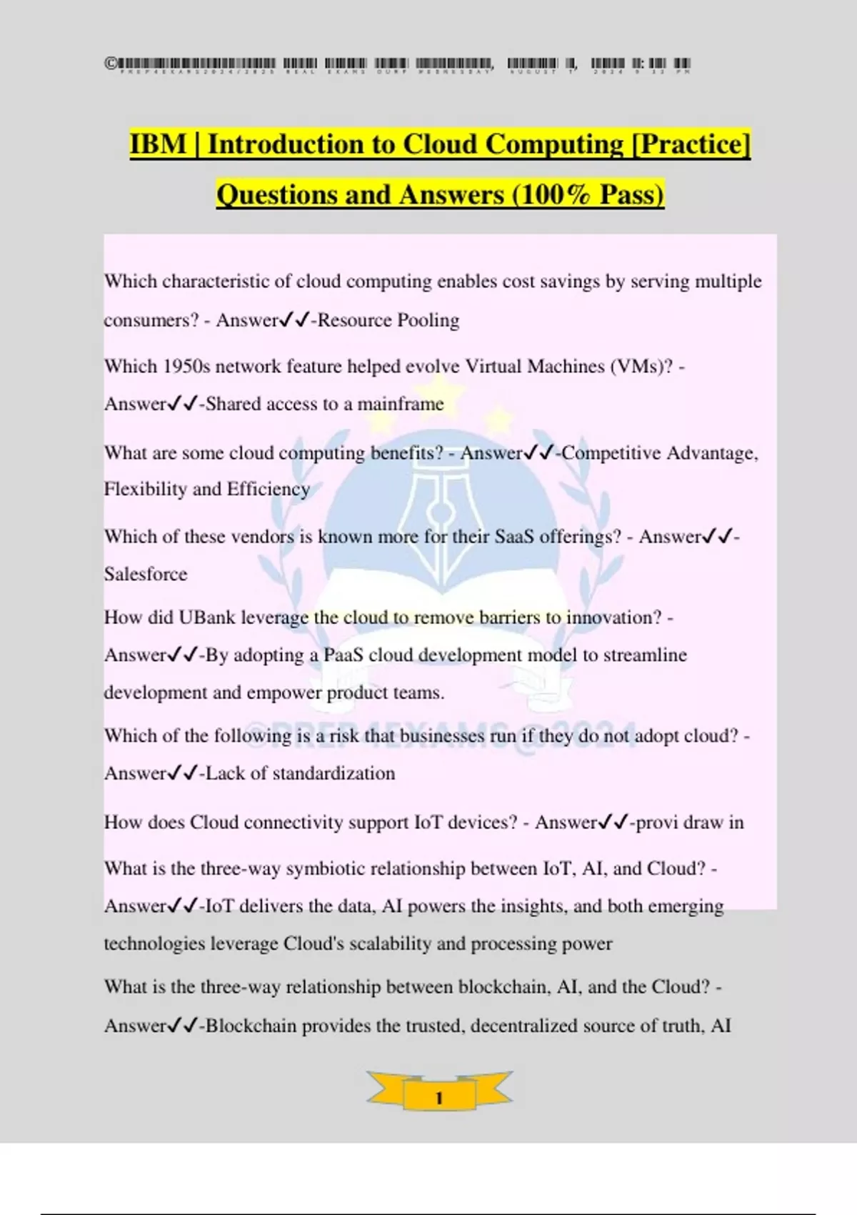 IBM | Introduction to Cloud Computing [Practice] Questions and Answers (100% Pass) - IBM - Stuvia US