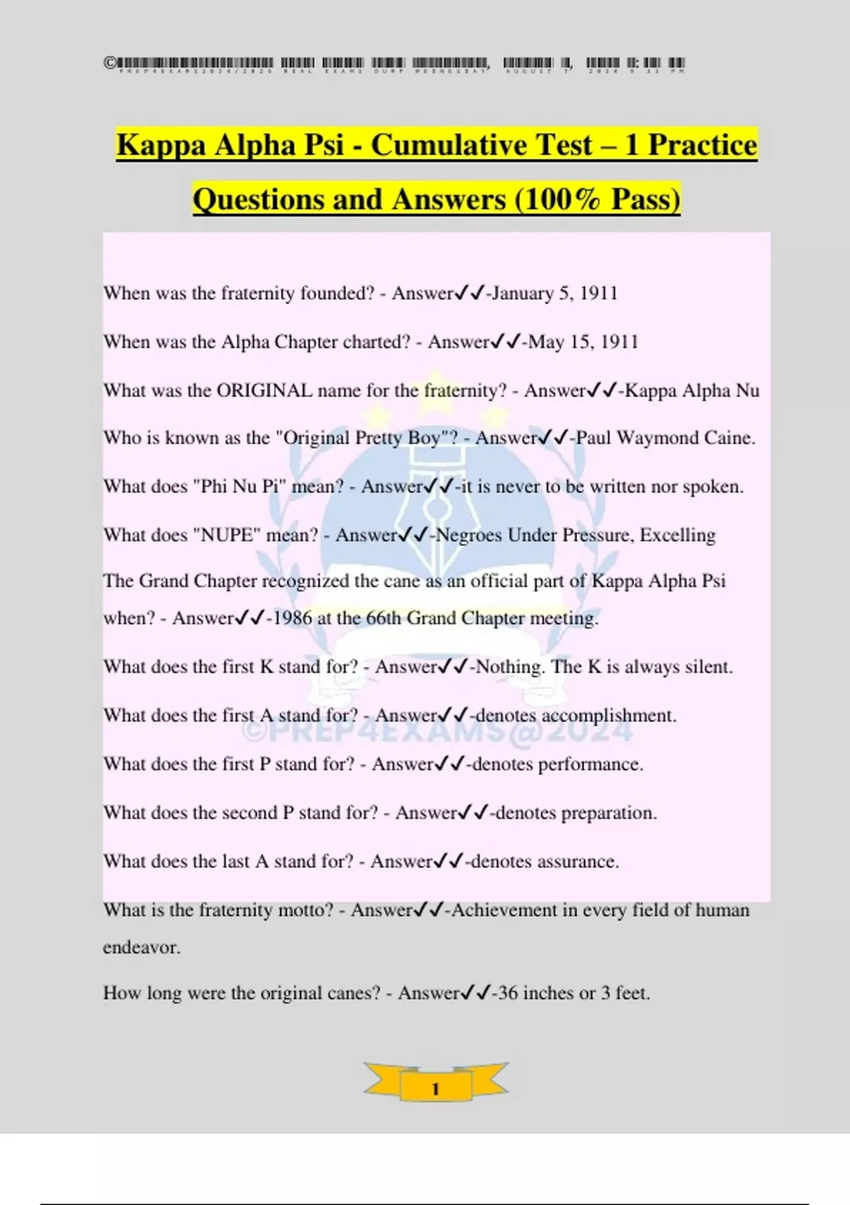 Kappa Alpha Psi - Cumulative Test – 1 Practice Questions and Answers ...