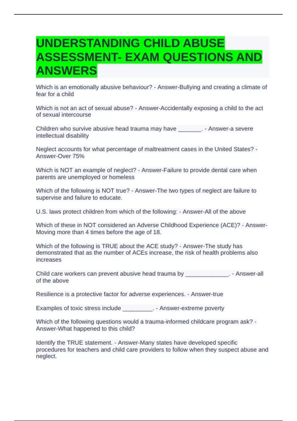 UNDERSTANDING CHILD ABUSE ASSESSMENT- EXAM QUESTIONS AND ANSWERS ...