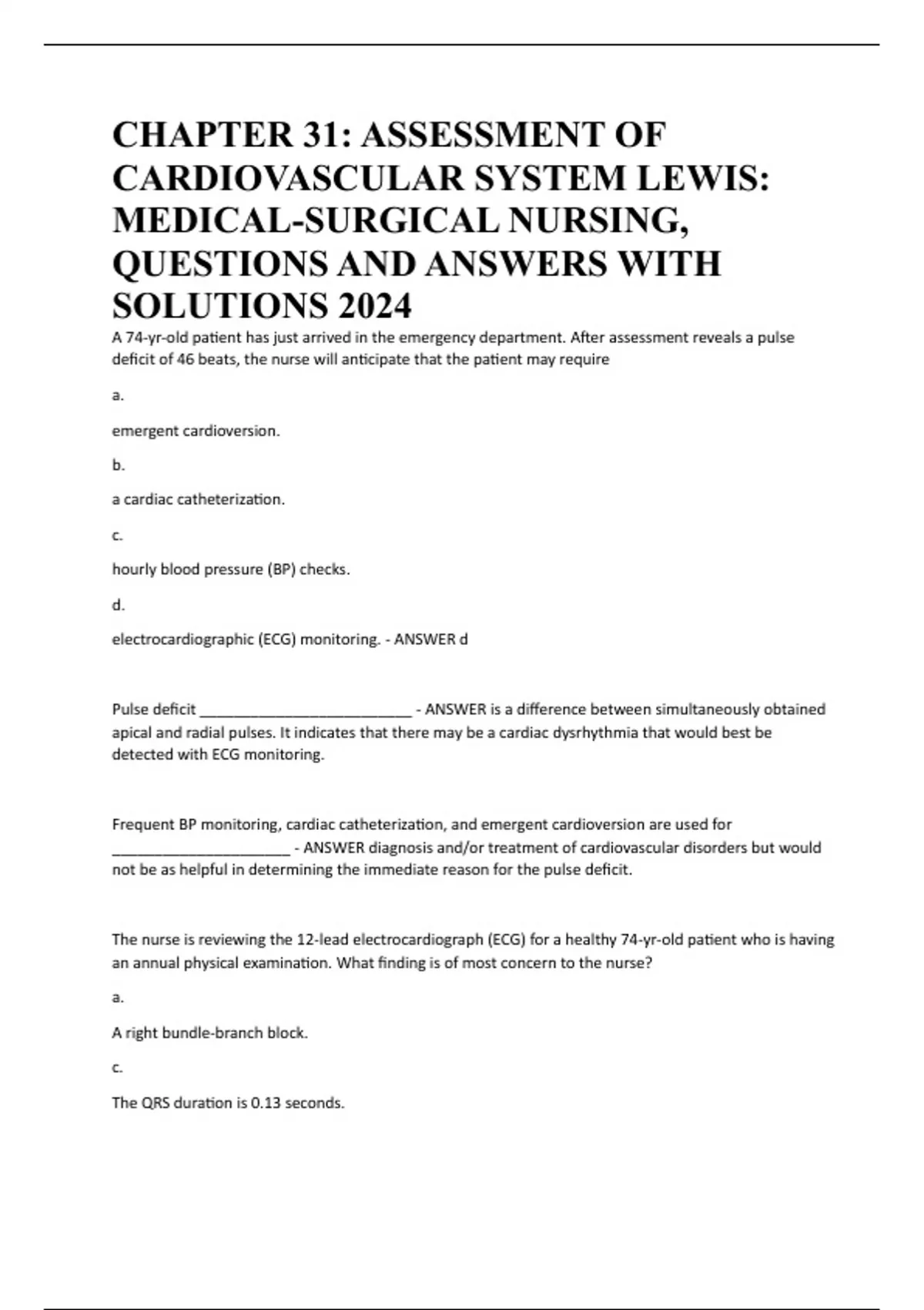 CHAPTER 31: ASSESSMENT OF CARDIOVASCULAR SYSTEM LEWIS: MEDICAL-SURGICAL ...