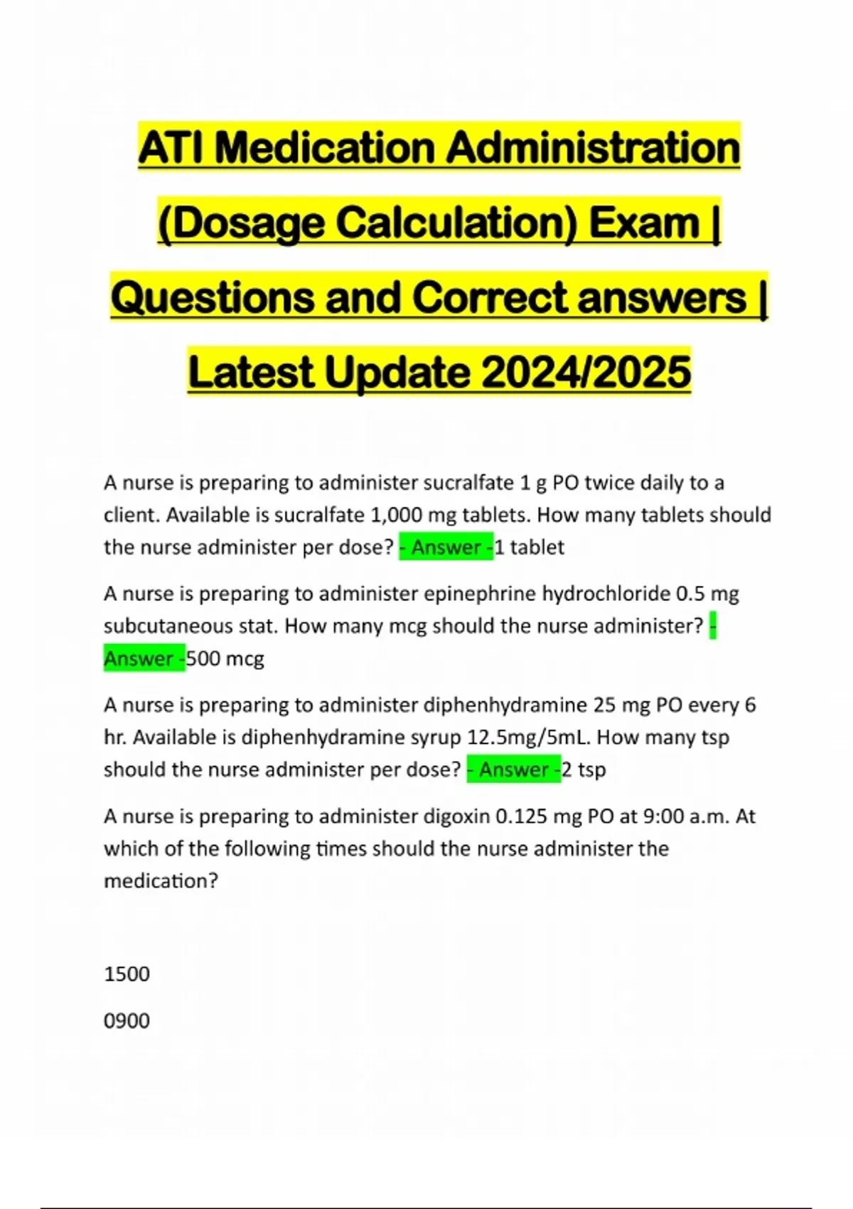 ATI Medication Administration (Dosage Calculation) Exam | Questions and ...