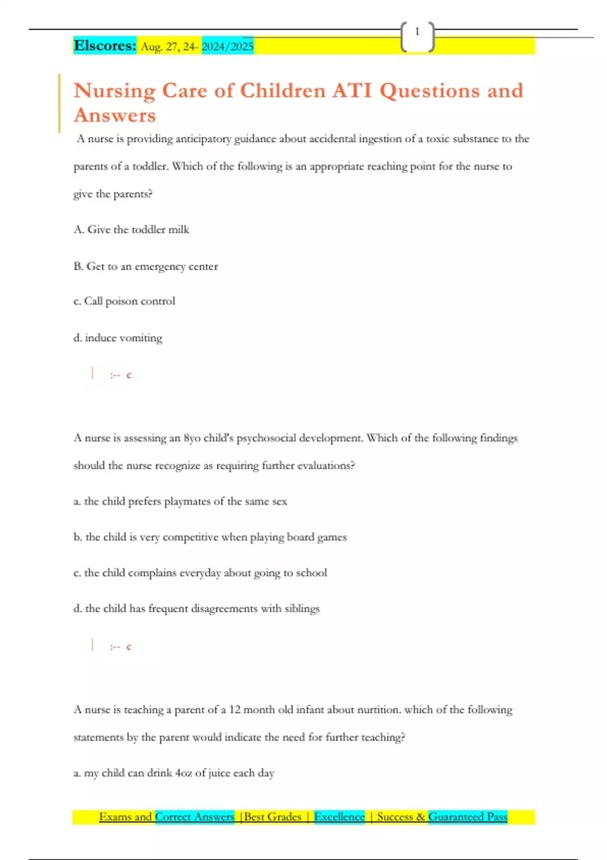 Nursing Care of Children ATI Questions and Answers - Nursing Care of ...