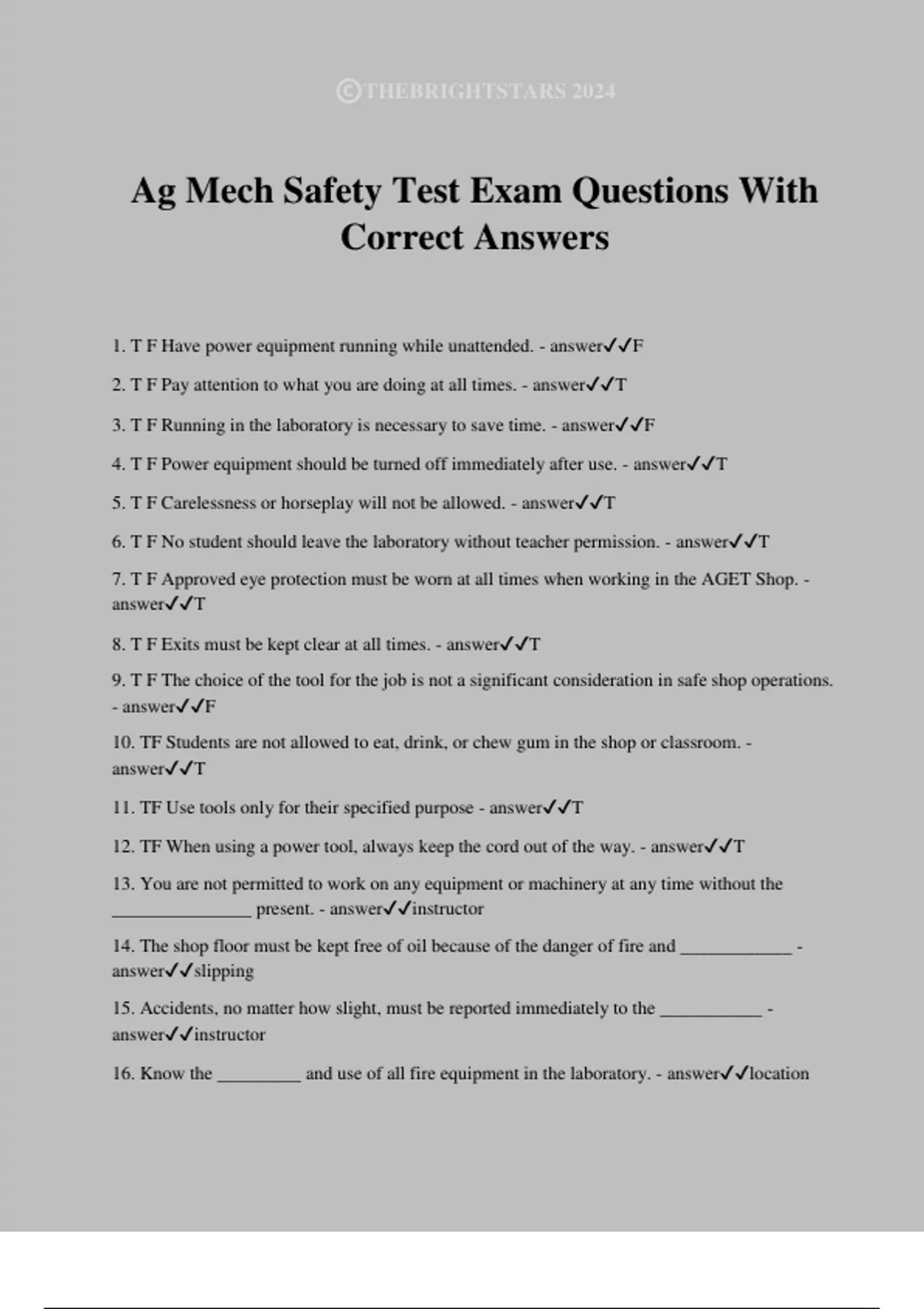 Ag Mech Safety Test Exam Questions With Correct Answers - Ag Mech ...