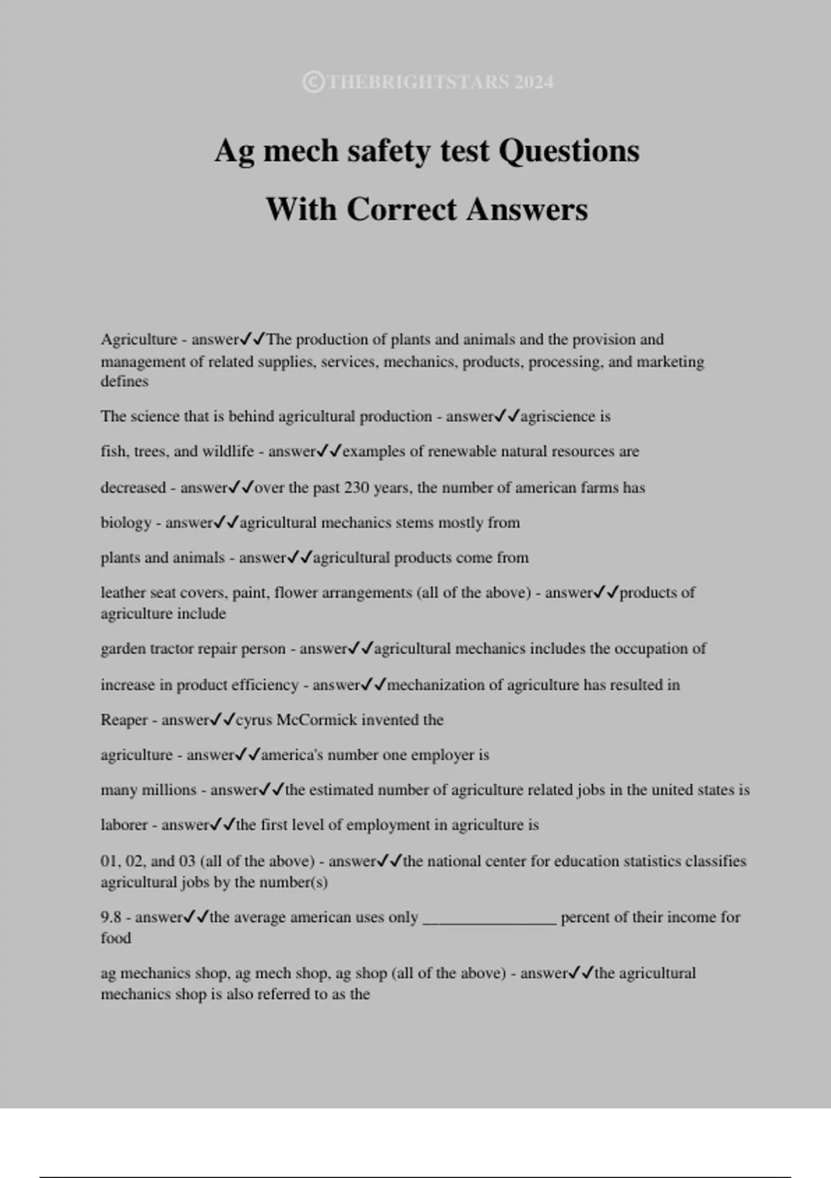 Ag mech safety test Questions With Correct Answers - Ag Mech - Stuvia US
