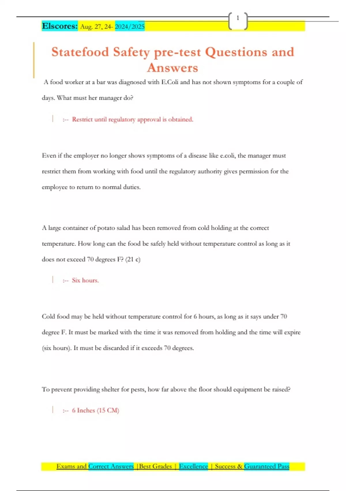 Statefood Safety pre-test Questions and Answers - State food safety ...