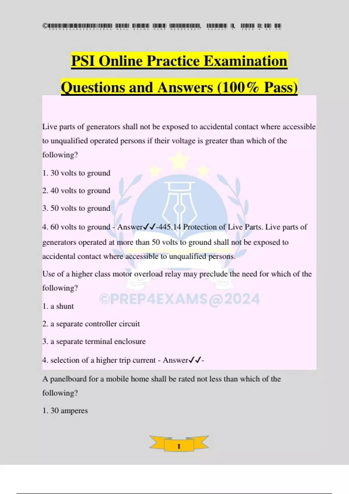 PSI Online Practice Examination Questions and Answers (100% Pass ...