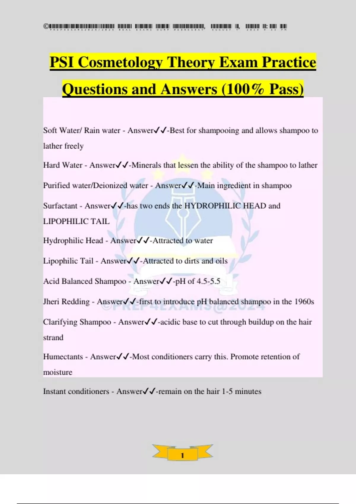 PSI Cosmetology Theory Exam Practice Questions and Answers (100% Pass ...