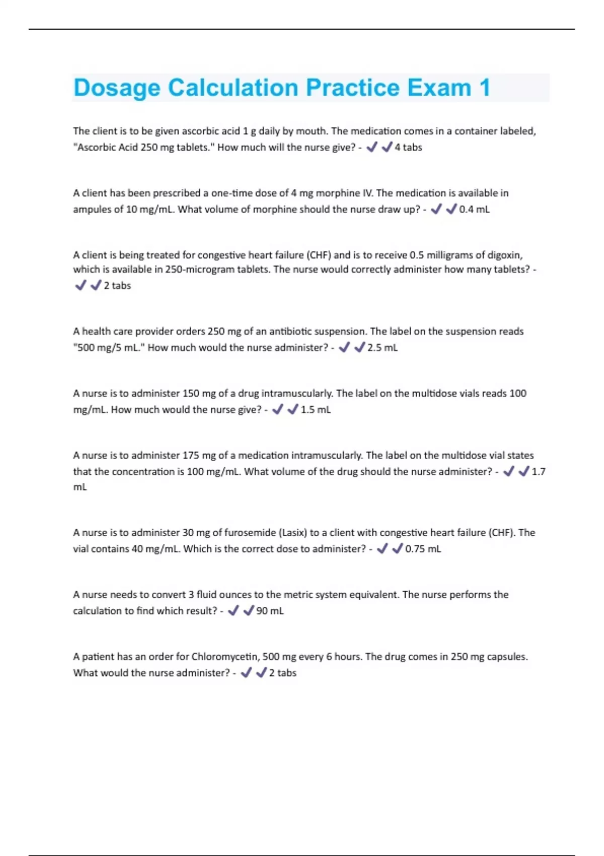 Dosage Calculation Practice Exam 1 Latest 2024/2025 Updated Questions ...