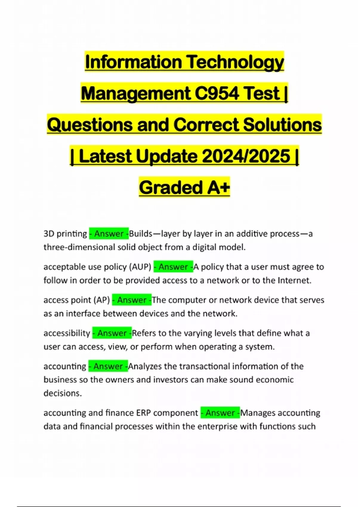Information Technology Management C954 Test | Questions and Correct ...