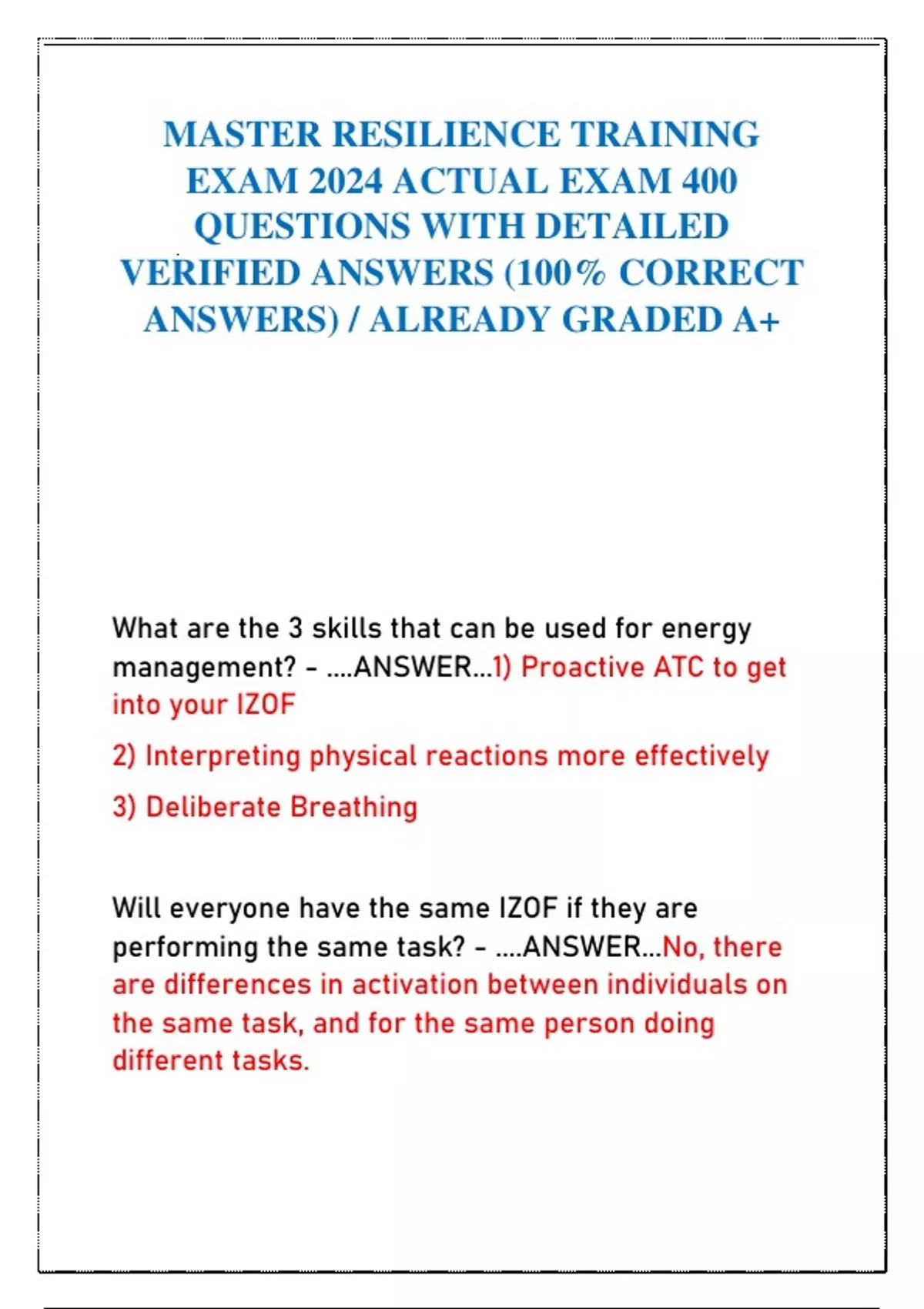 MASTER RESILIENCE TRAINING EXAM 2024 ACTUAL EXAM 400 QUESTIONS WITH ...