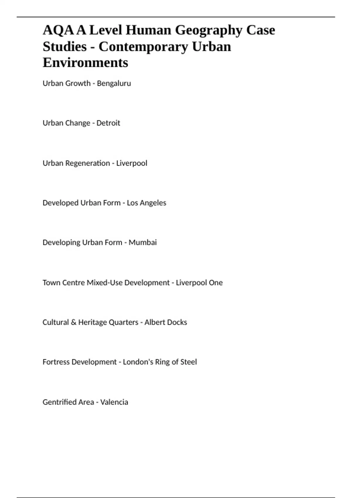 Summary AQA A Level Human Geography Case Studies - Contemporary Urban ...