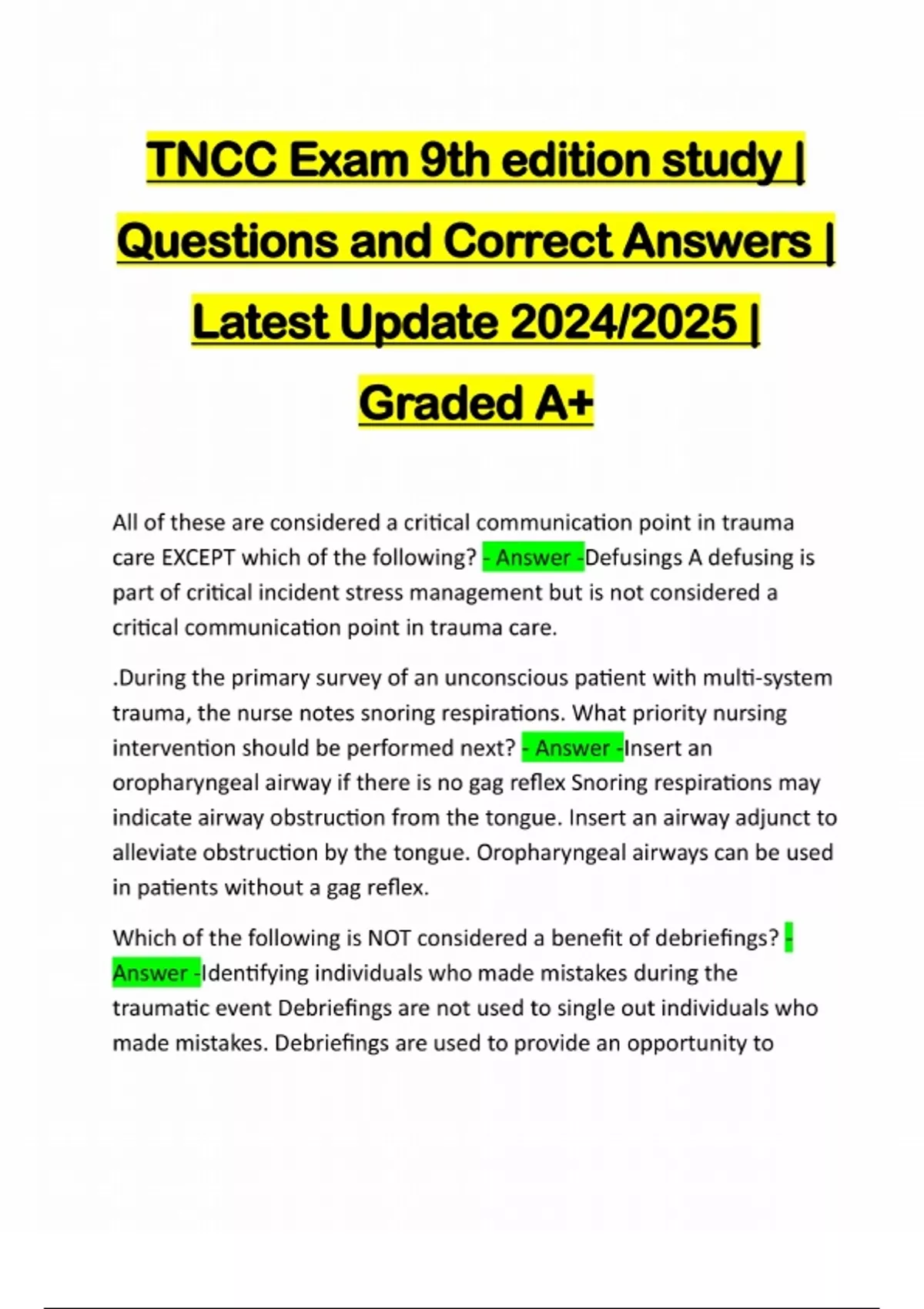 TNCC Exam 9th edition study | Questions and Correct Answers | Latest ...