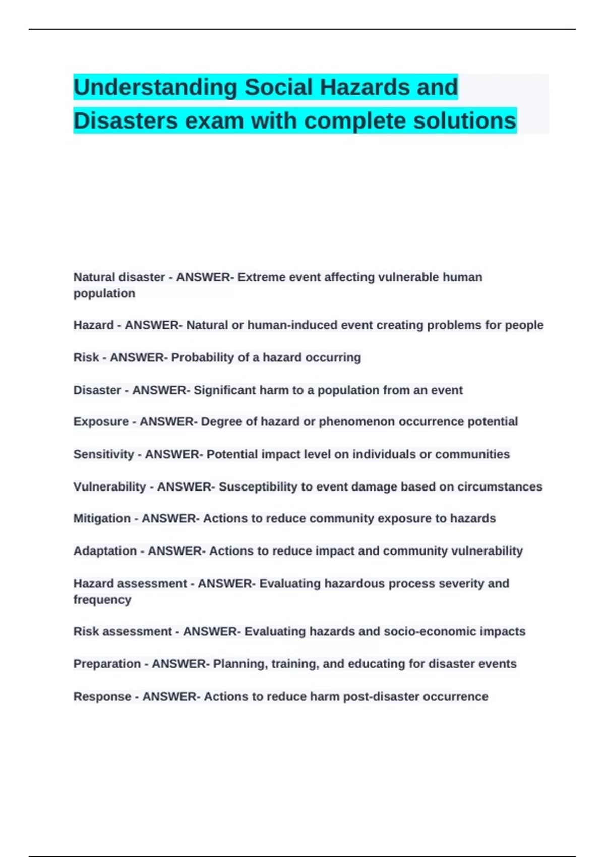 Understanding Social Hazards and Disasters exam with complete solutions ...