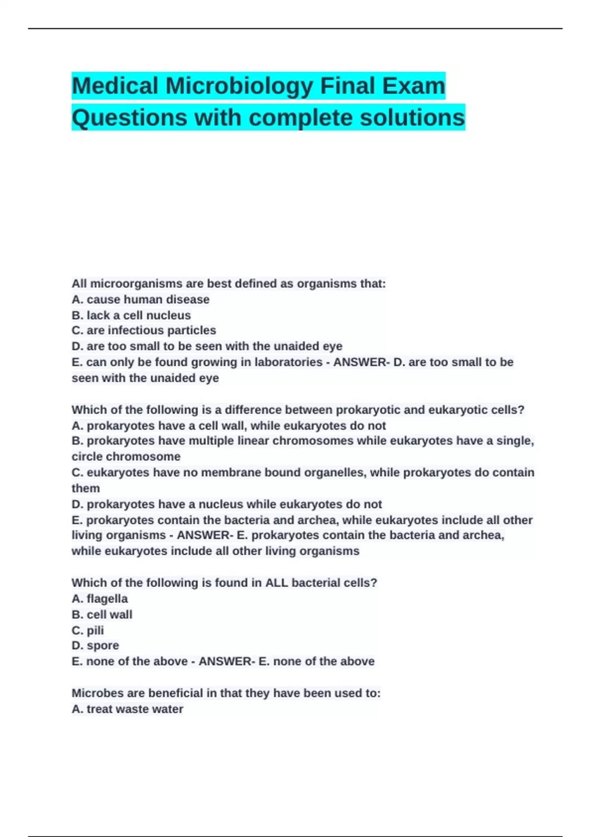 Medical Microbiology Final Exam Questions with complete solutions ...