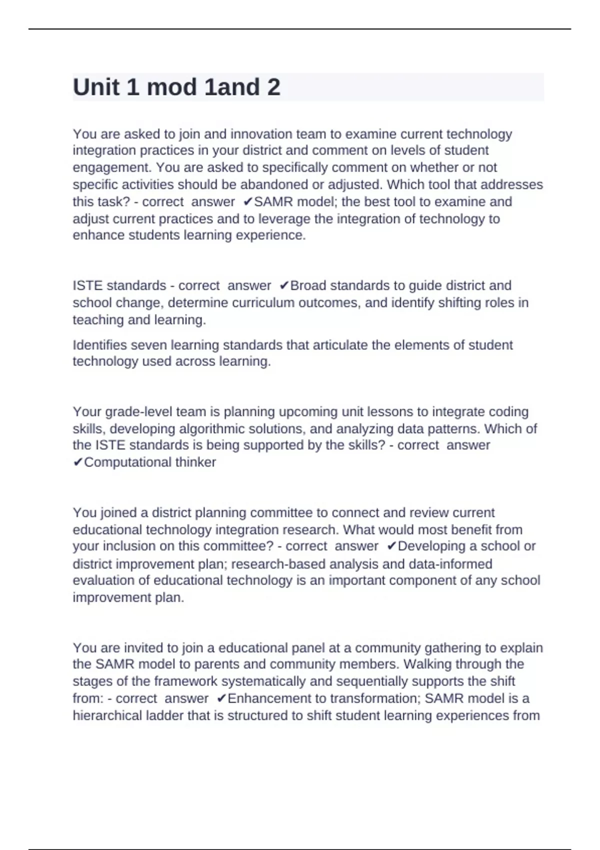 Unit 1 mod 1and 2 Question and answers already passed 2024 - WGU C909 ...