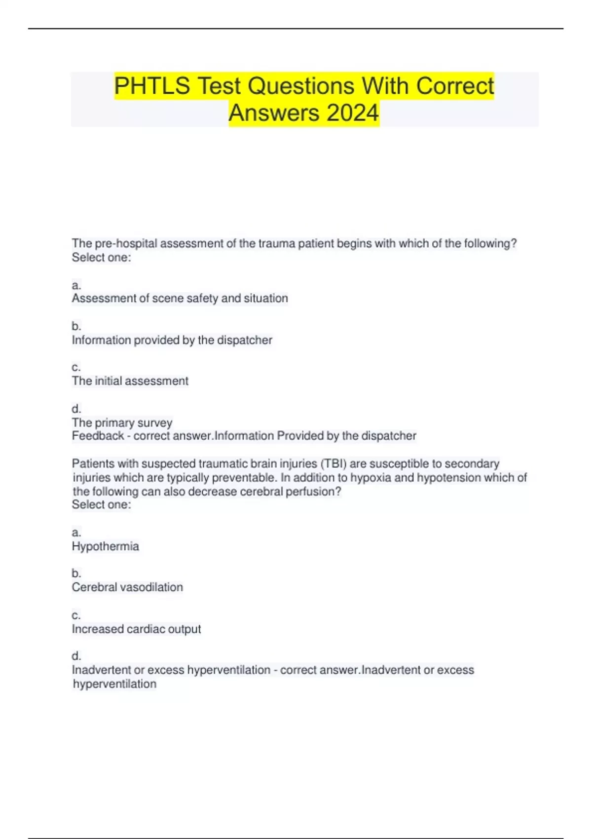PHTLS Test Questions With Correct Answers 2024 - PHTLS - Stuvia US