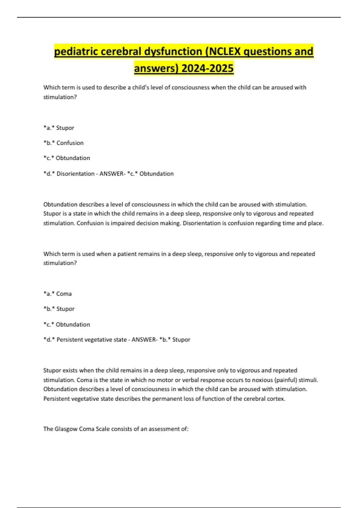 pediatric cerebral dysfunction (NCLEX questions and answers) - NCLEX ...