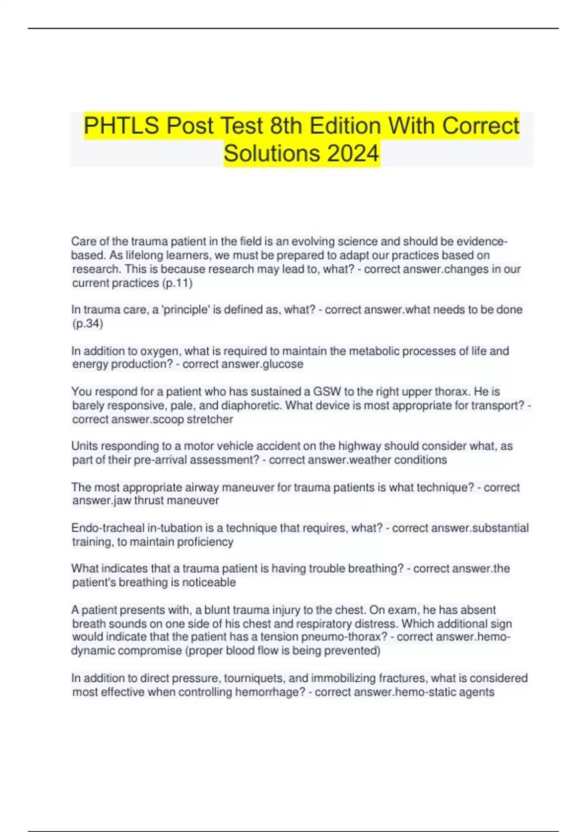 PHTLS Post Test 8th Edition With Correct Solutions 2024 - PHTLS - Stuvia US