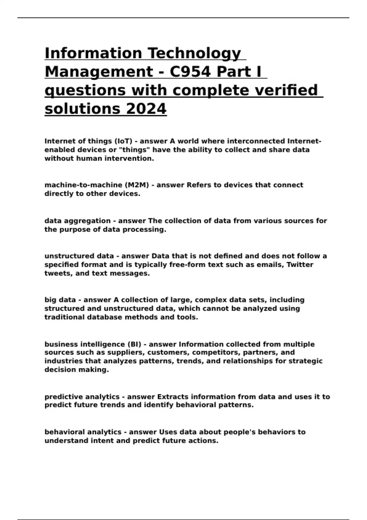 Information Technology Management - C954 Part I questions with complete ...