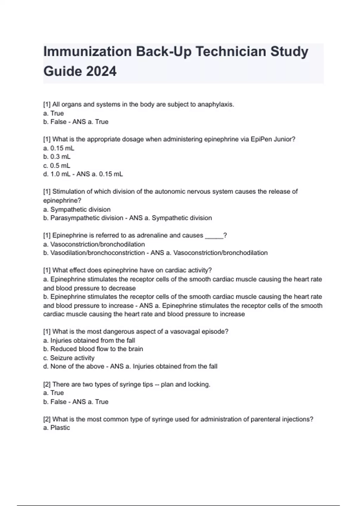 Immunization Back-Up Technician Study Guide 2024 Questions With ...