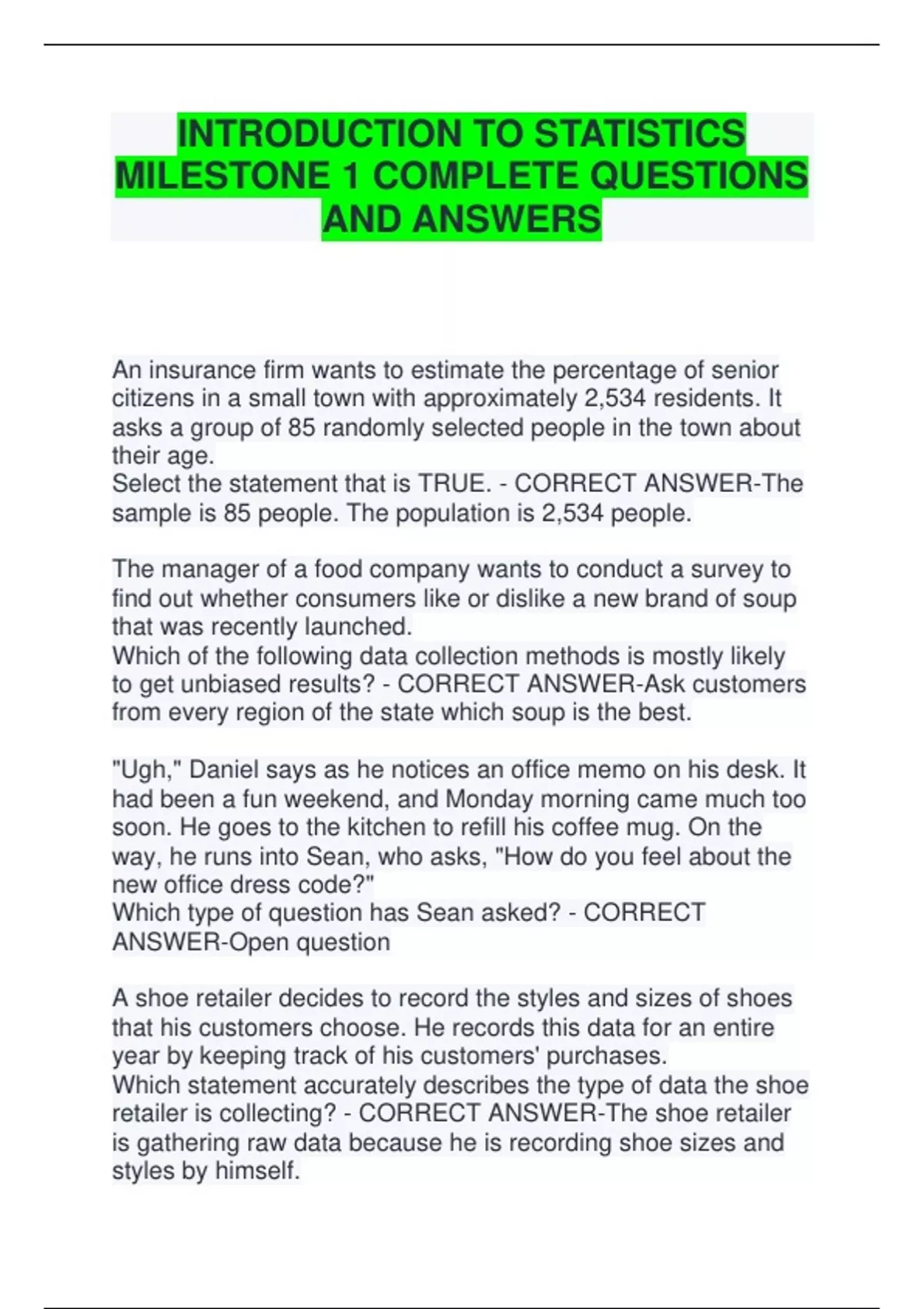 INTRODUCTION TO STATISTICS MILESTONE 1 COMPLETE QUESTIONS AND ANSWERS ...