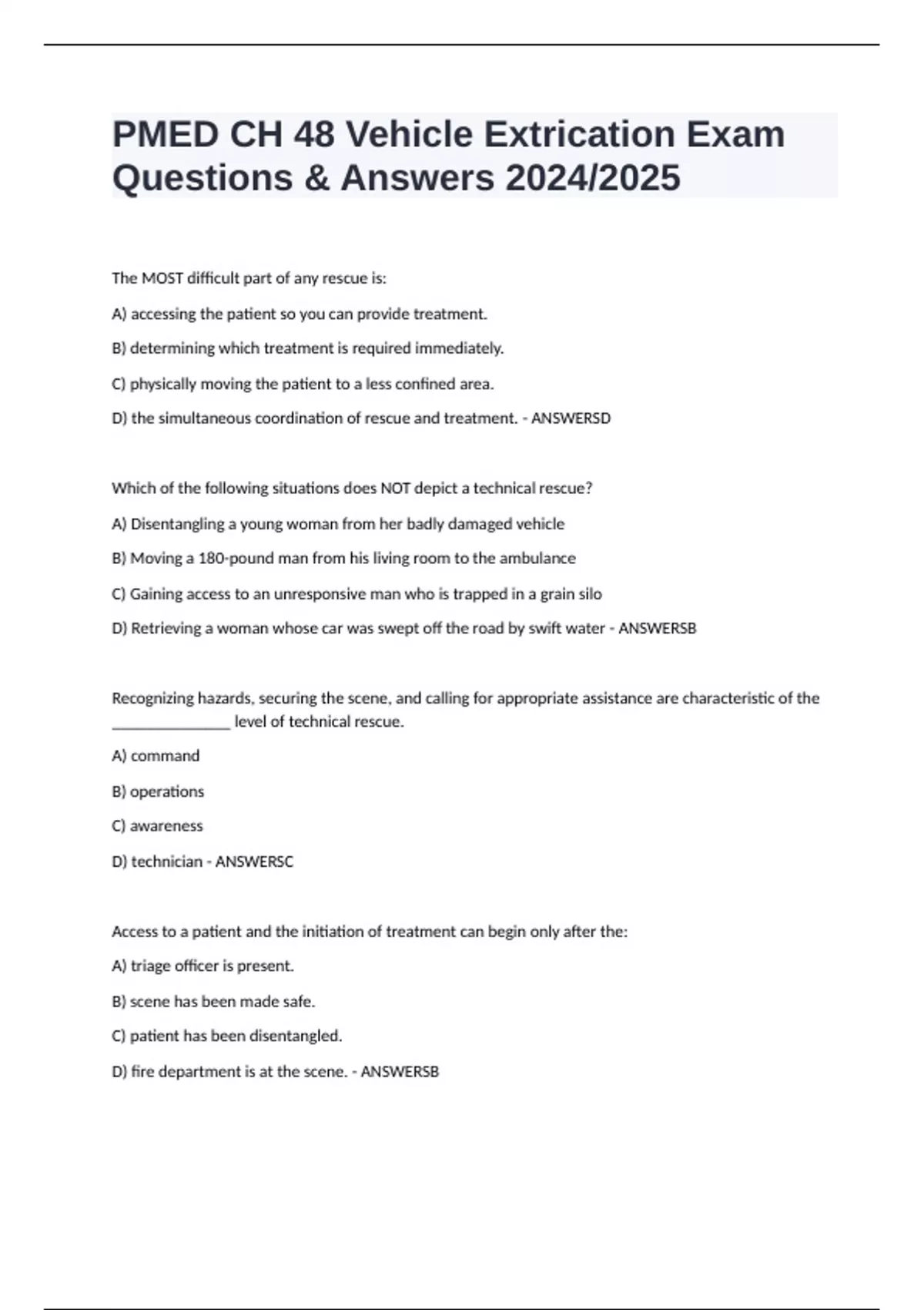 PMED CH 48 Vehicle Extrication Exam Questions & Answers 2024/2025 ...