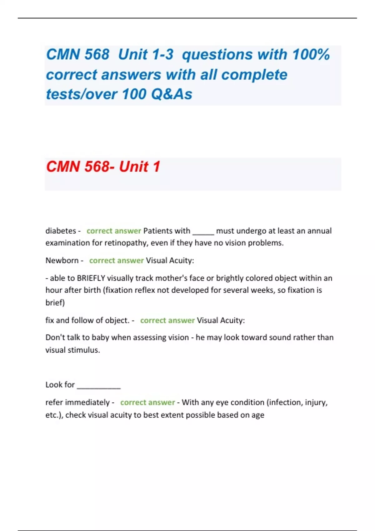 CMN 568 Unit 1-3 questions with 100% correct answers with all complete ...